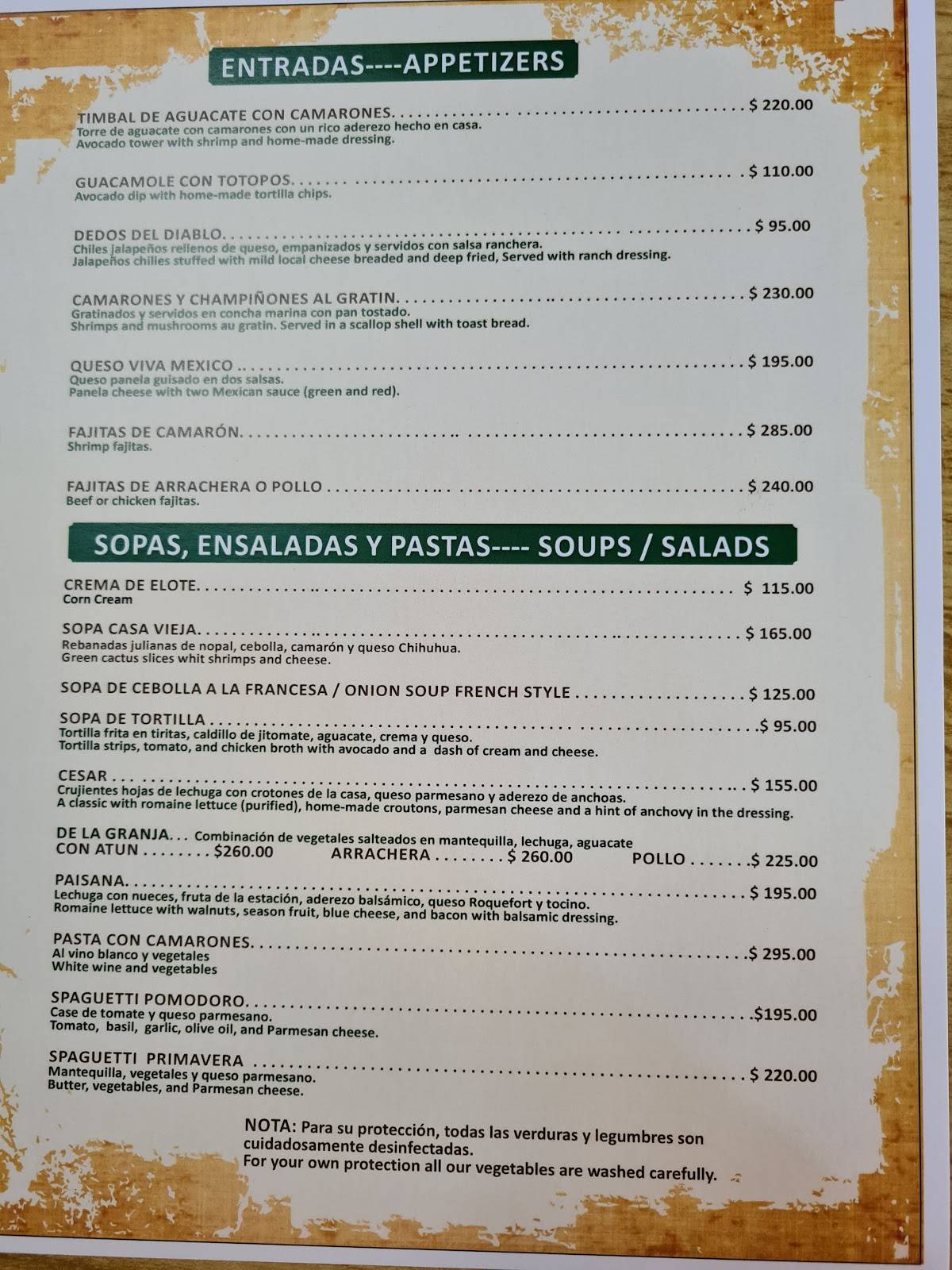 Menu at La Casa Vieja restaurant, Zihuatanejo, Josefa Ortiz de Domínguez 7