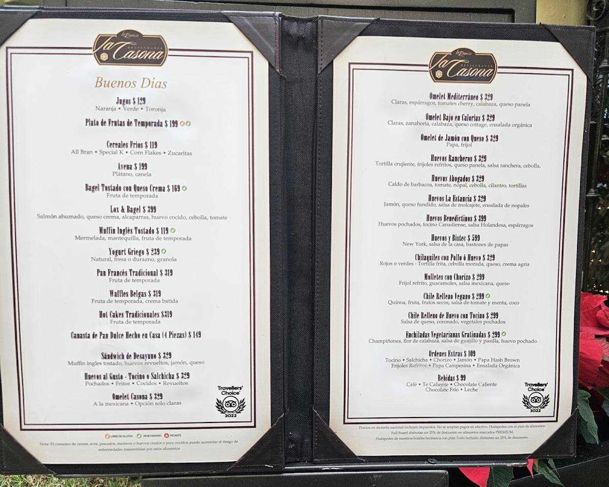 Menu at La Casona restaurant, Cabo San Lucas