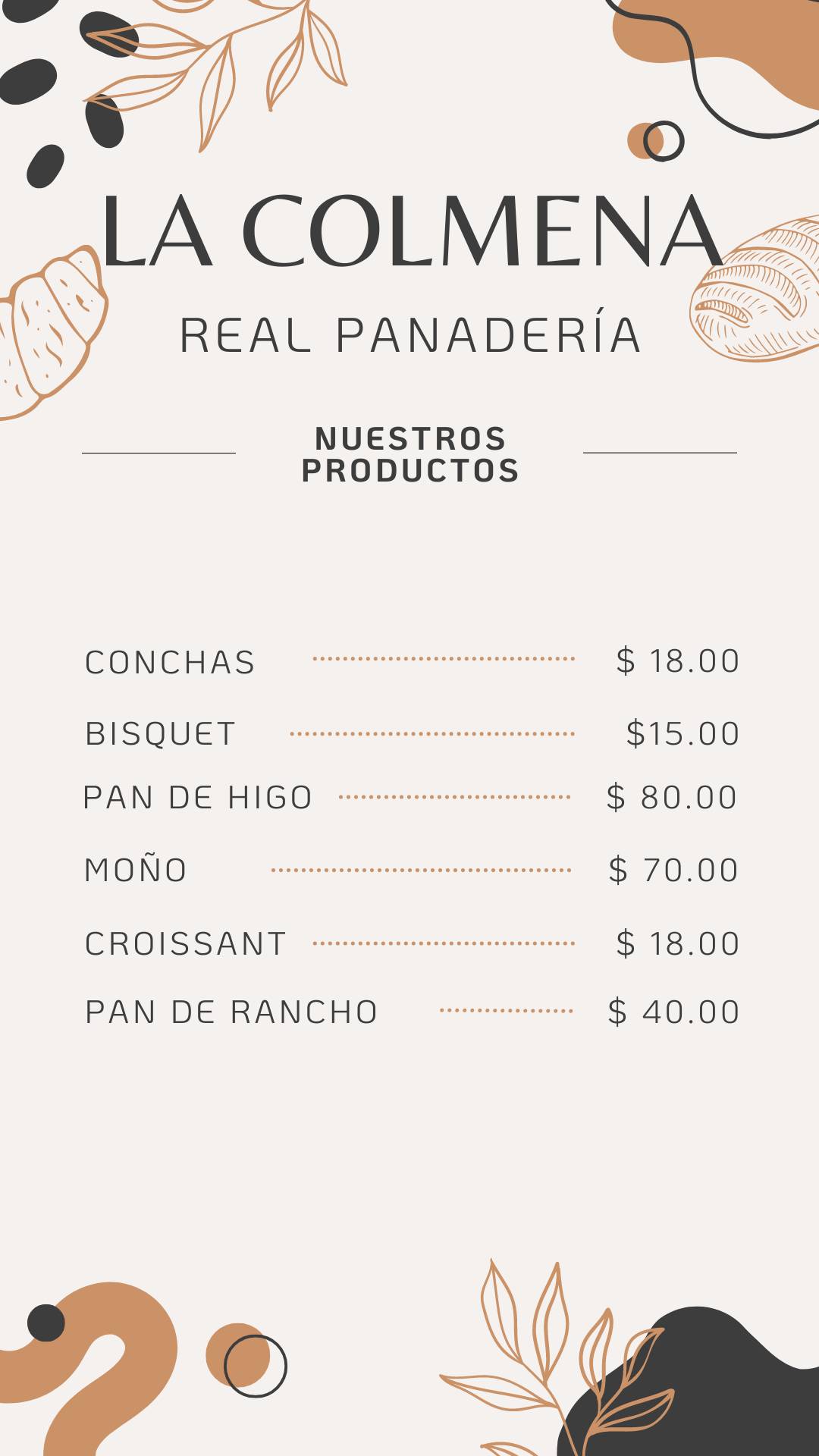 Menu at La Colmena Real Panadería, Reynosa
