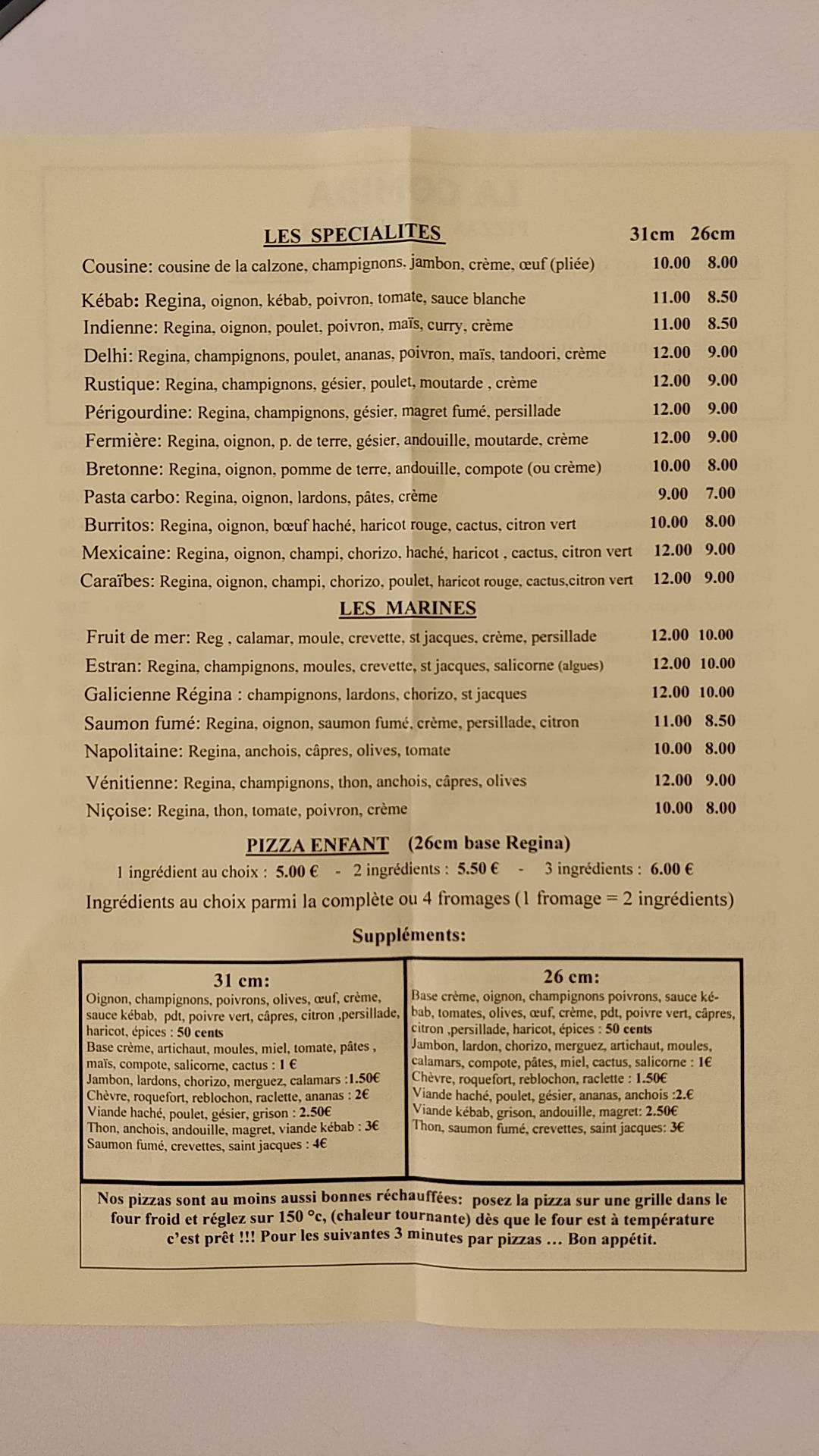 Menu au La Comida pizzeria, Pont-Croix
