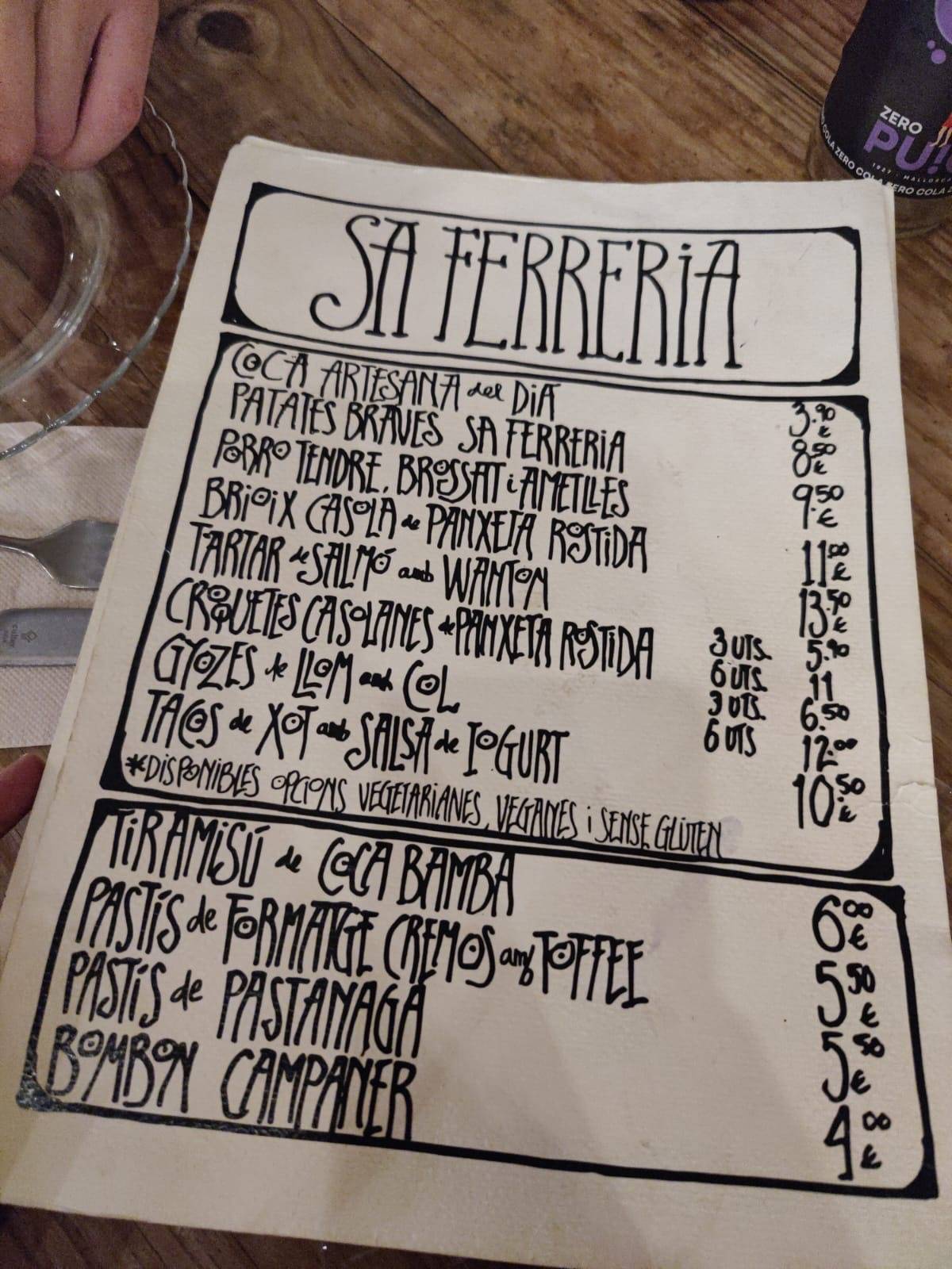 Menu at La Ferreria restaurant, Barcelona