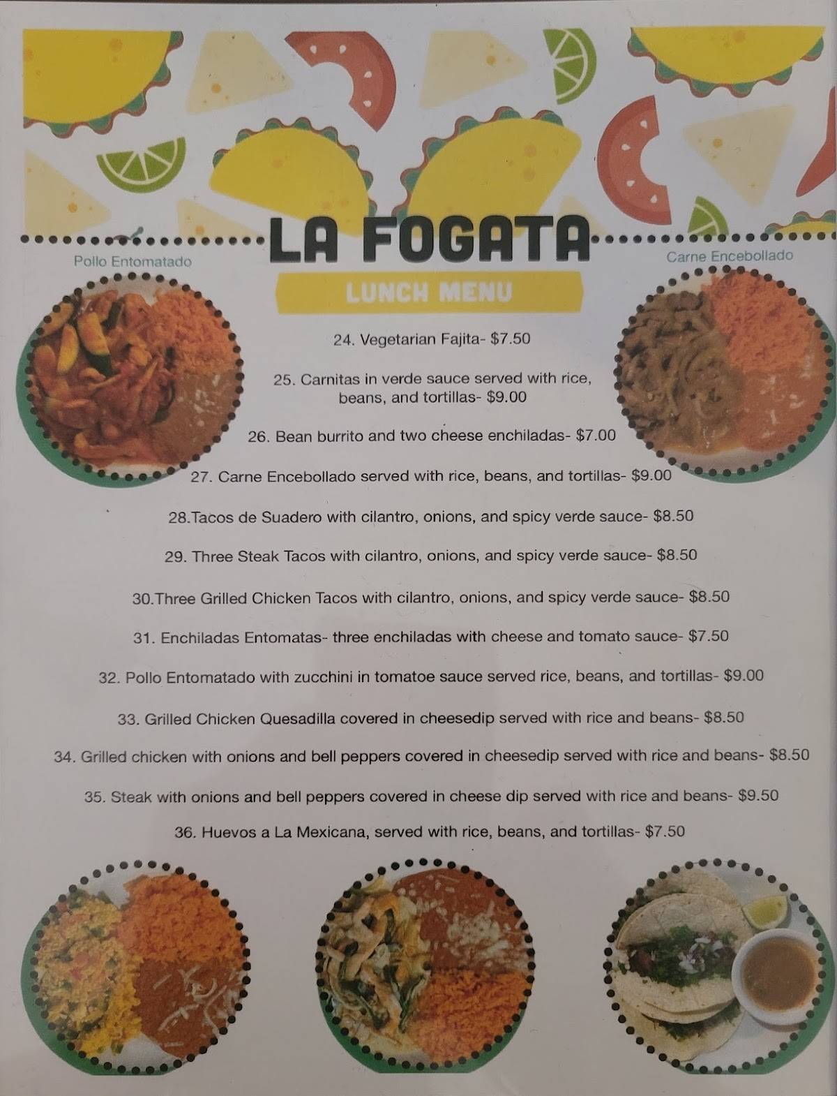 Menu at La Fogata restaurant, Lynchburg