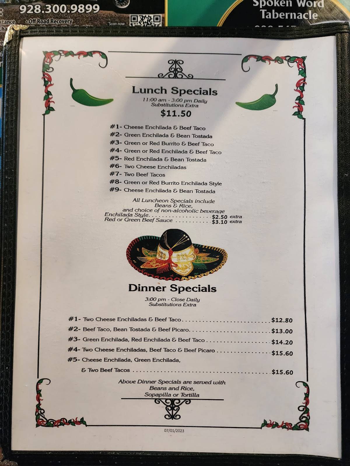 Menu at La Fonda Mexican Restaurant, Camp Verde