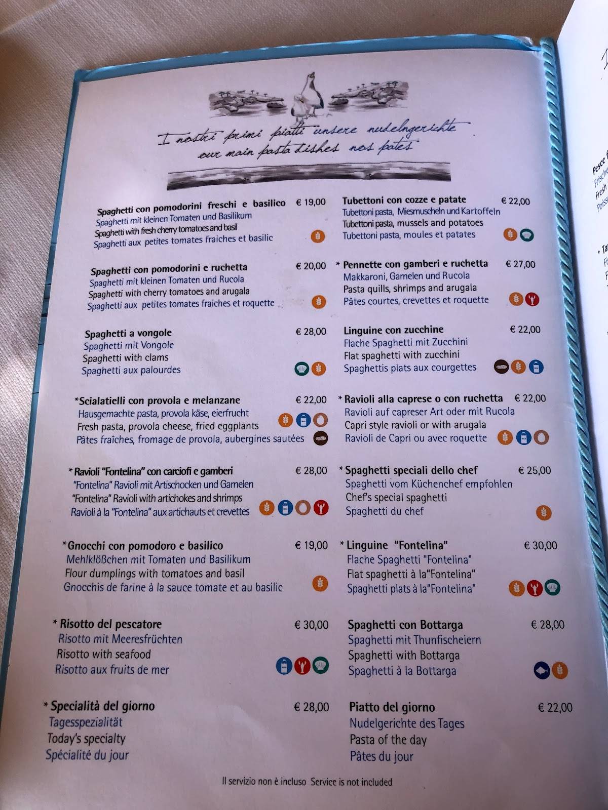 Carta del restaurante La Fontelina, Capri, Via dei Faraglioni