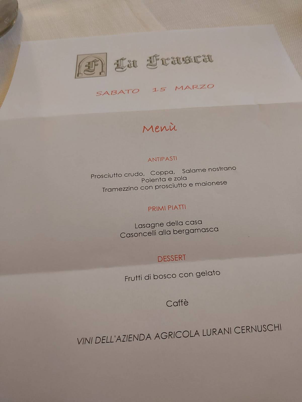 Menu da La Frasca ristorante, Almenno San Salvatore