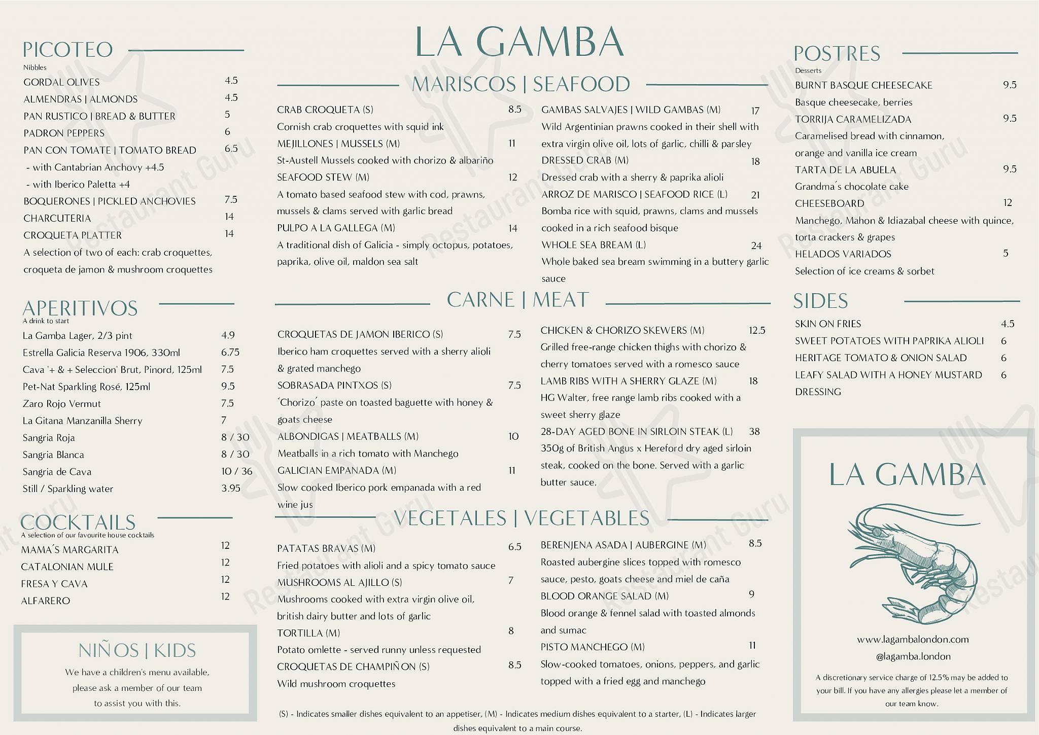 Menu at La Gamba restaurant, Torre de la Horadada