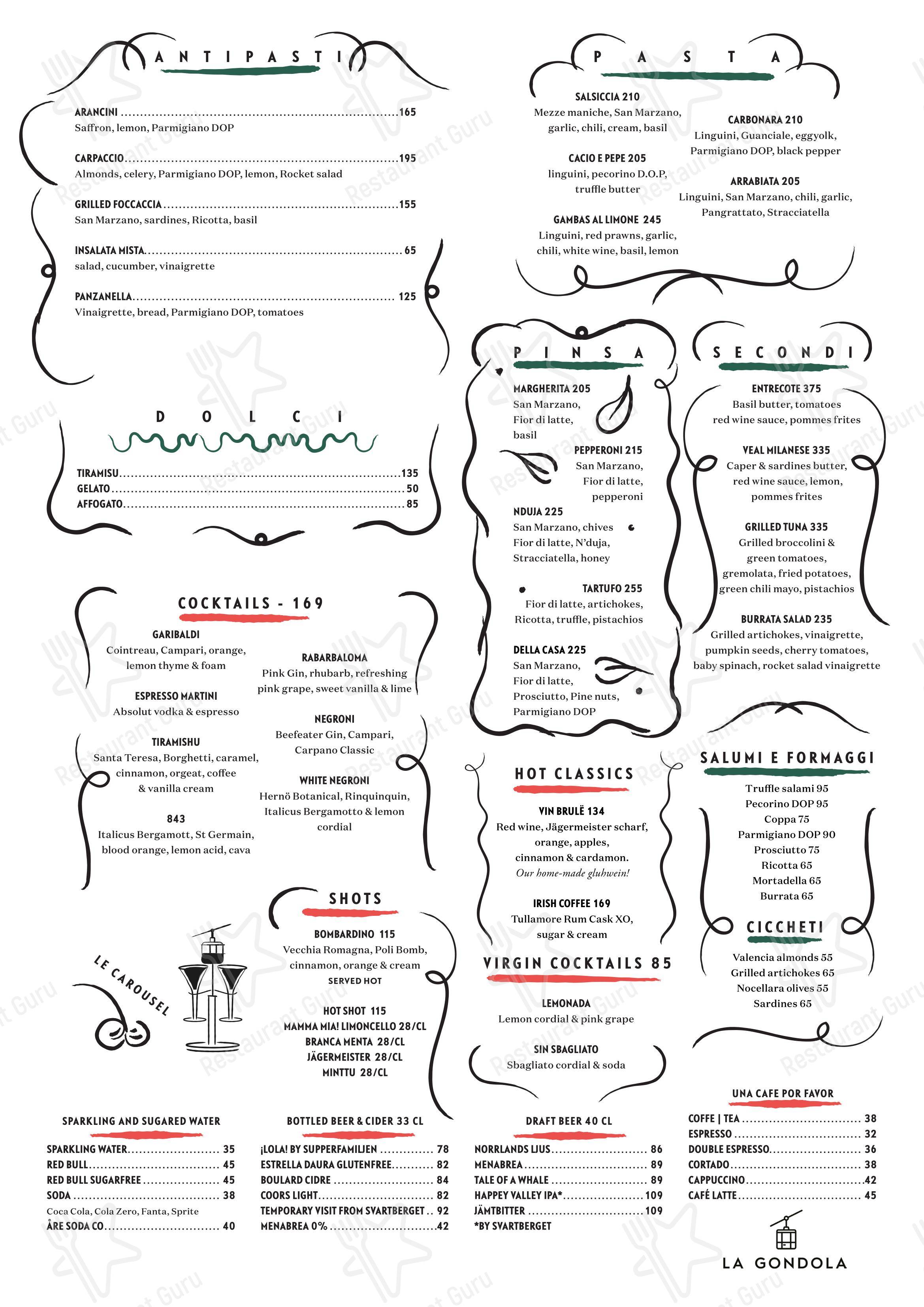 Carta del restaurante La Gondola, Åre
