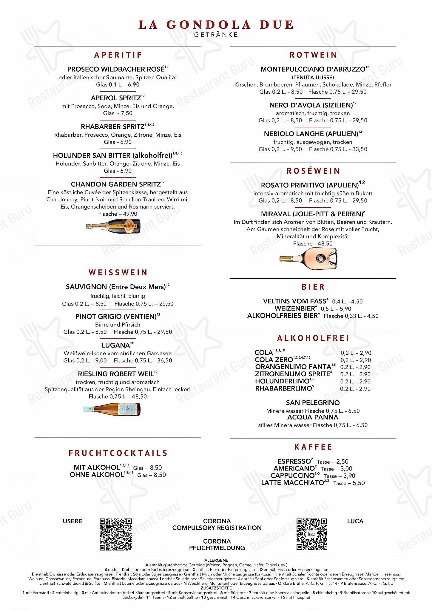 Speisekarte von La Gondola Due restaurant, Berlin