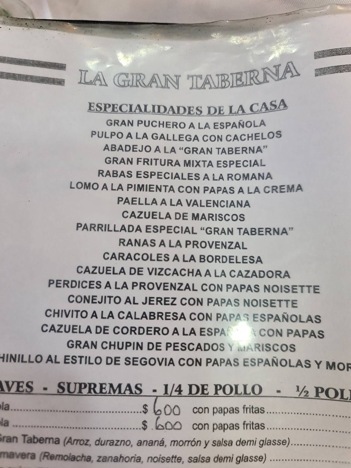 Carta del restaurante La Gran Taberna, Buenos Aires, Combate del los ...