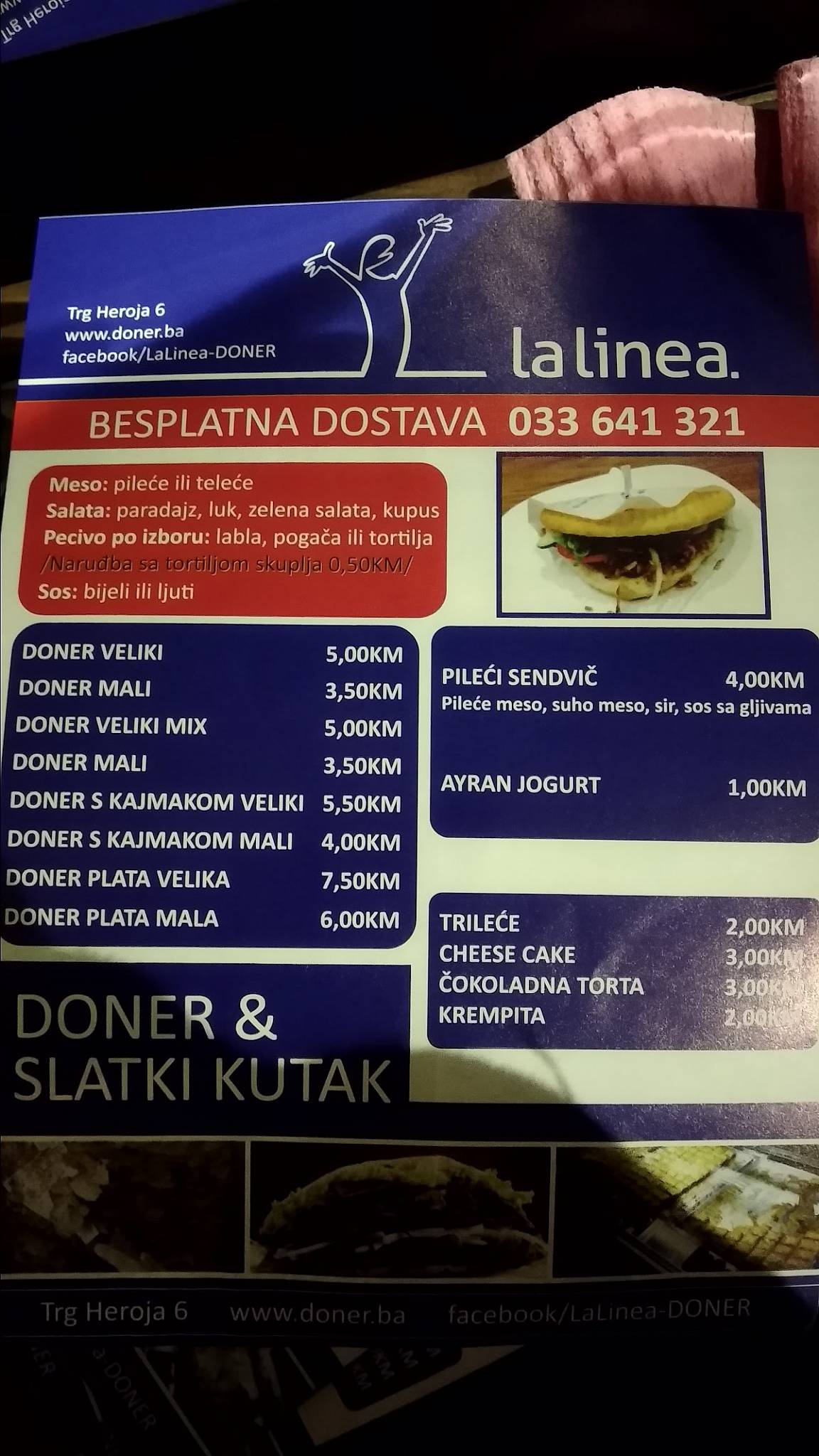 Menu au La Linea restaurant, Sarajevo