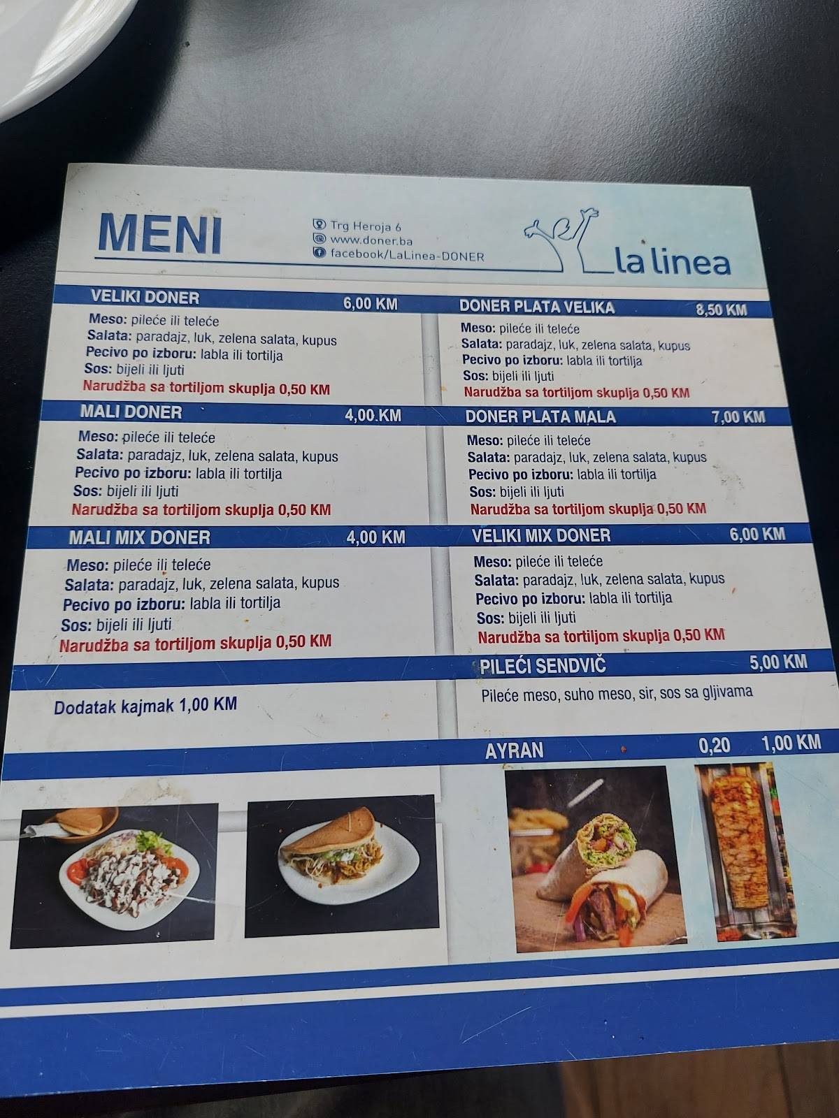 Menu at La Linea restaurant, Sarajevo