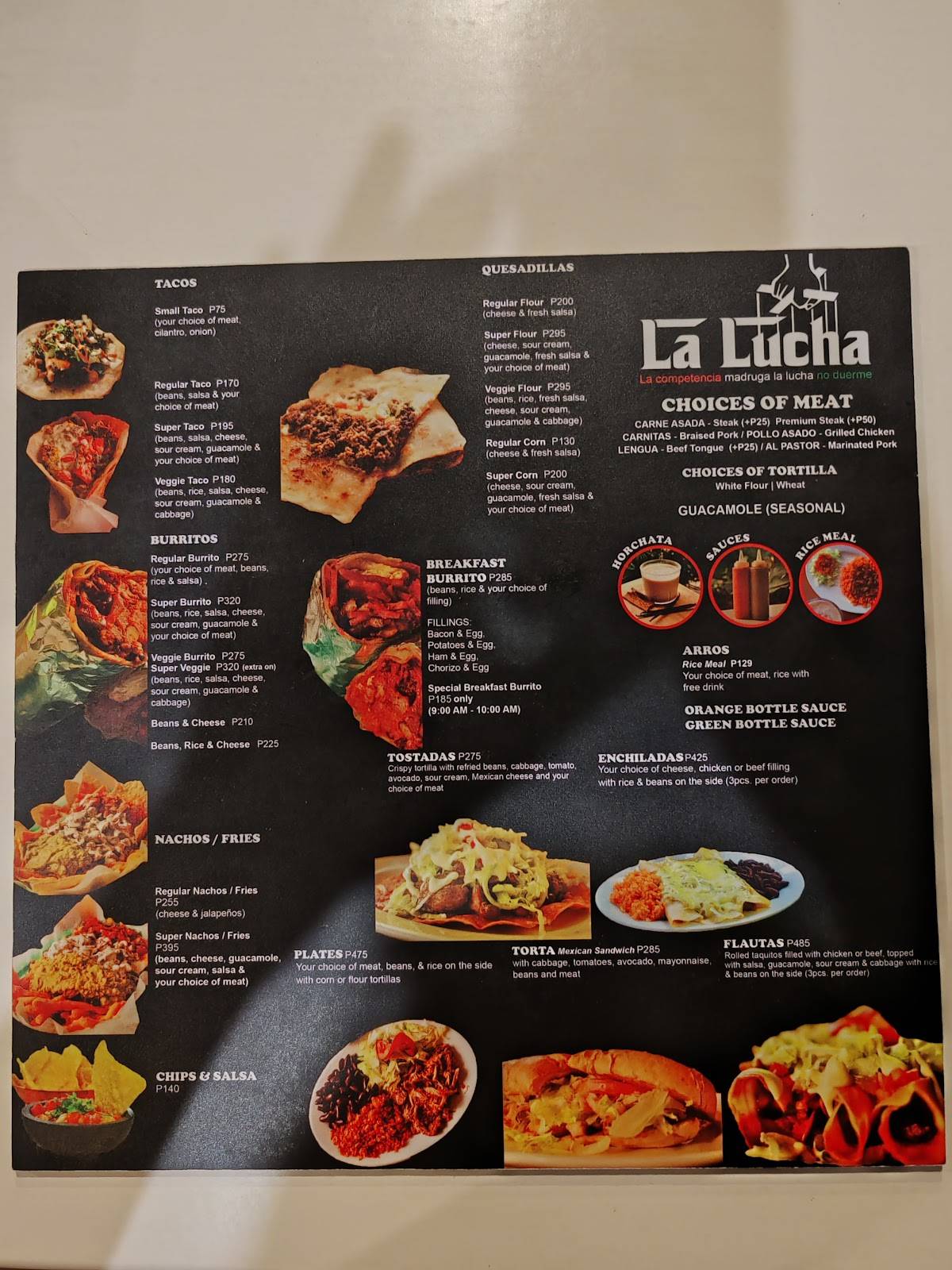 Menu at La Lucha Taqueria restaurant, Cebu City, Mango Square