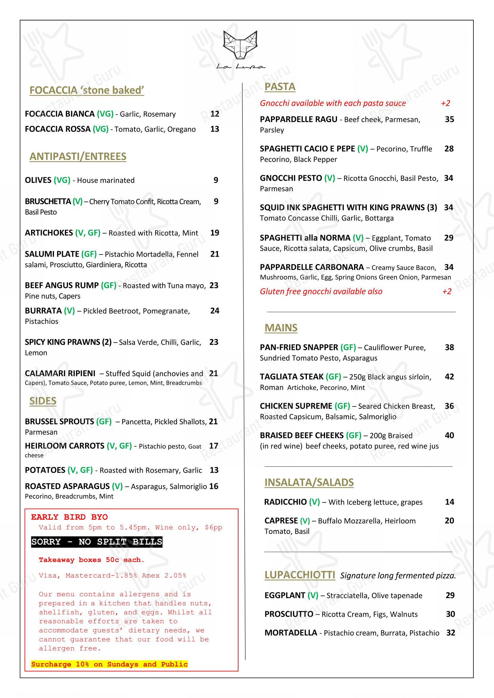 Menu at La Lupa restaurant, West End