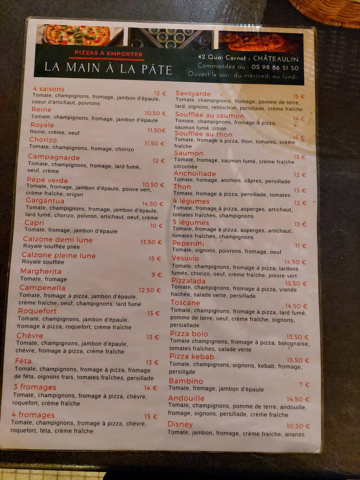 Menu au La Main à la Pâte restaurant, Châteaulin
