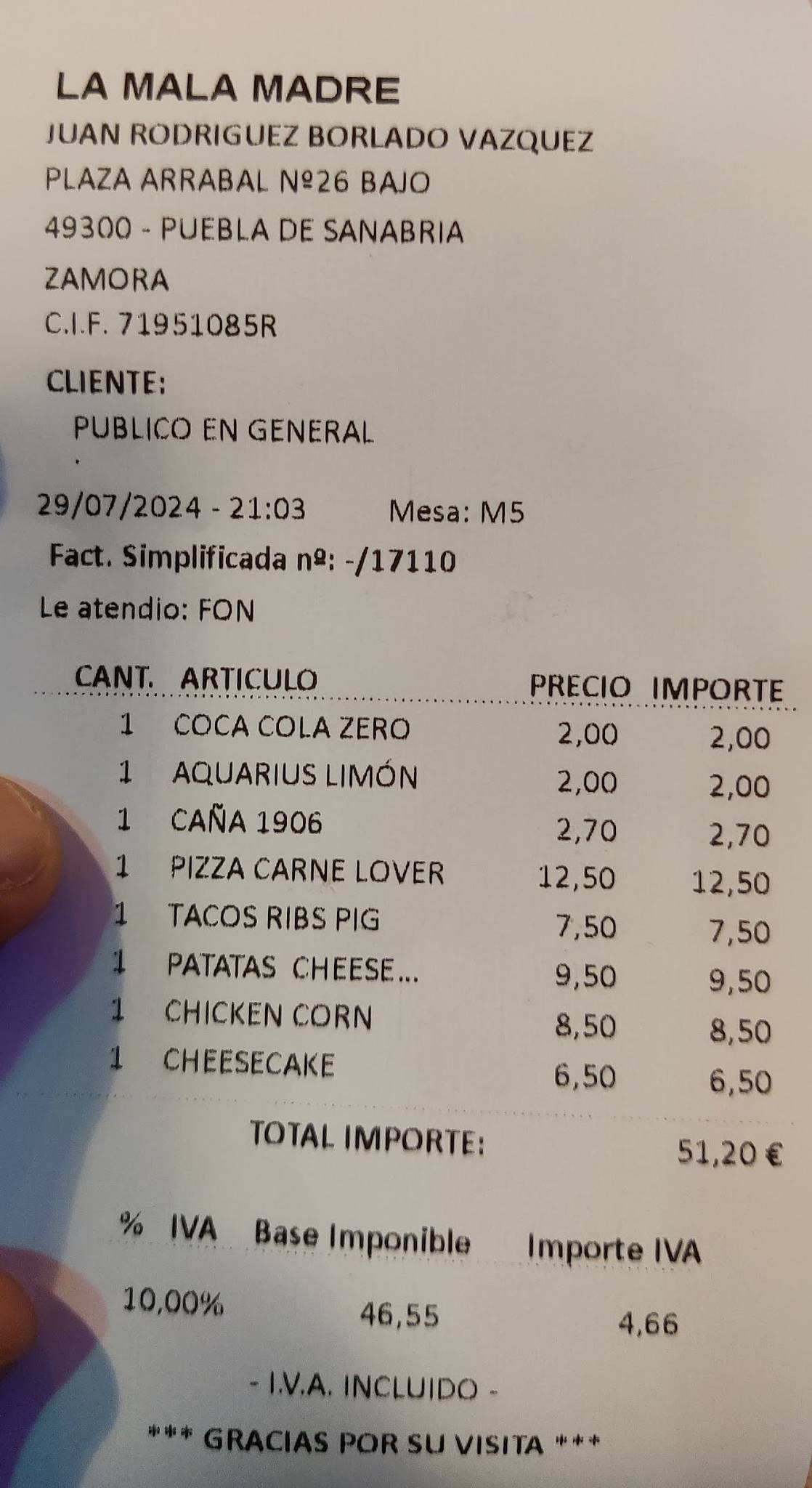 Carta del restaurante La Mala Madre, Puebla del Sanabria