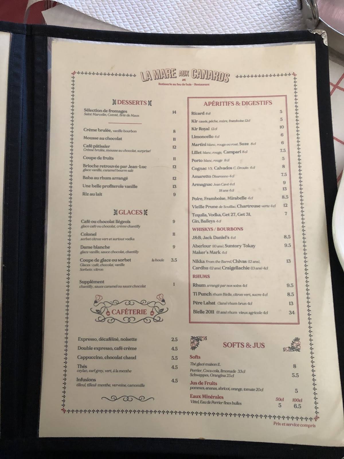 Menu au La Mare aux Canards restaurant, Meudon, Carr de la Mare Adam