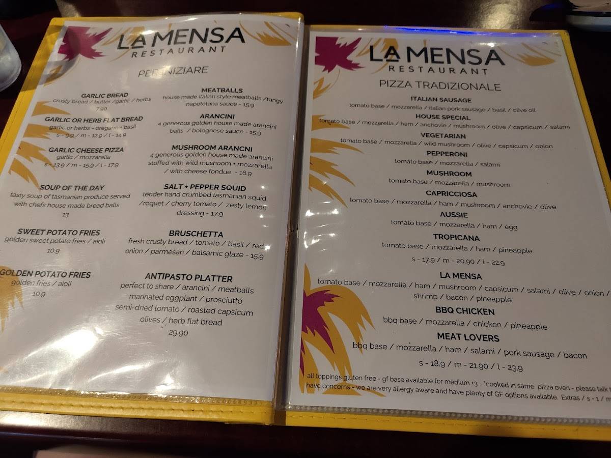 Menu at La Mensa restaurant, Hobart
