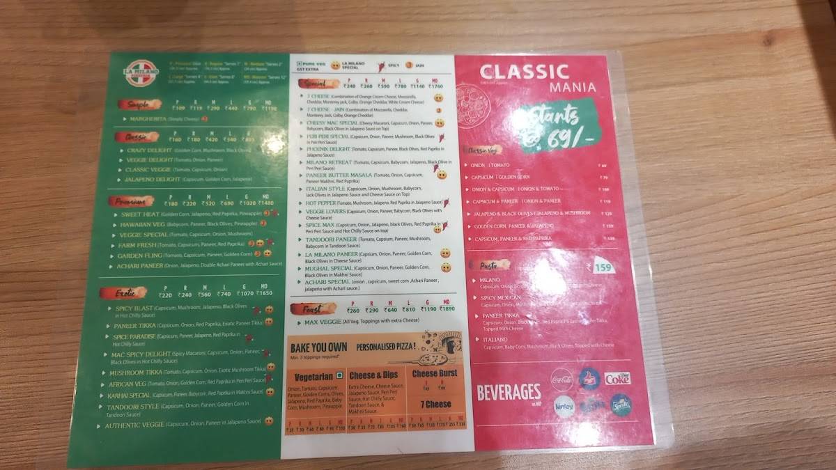 Menu at La Milano Pizzeria, Vadodara, Multiplex
