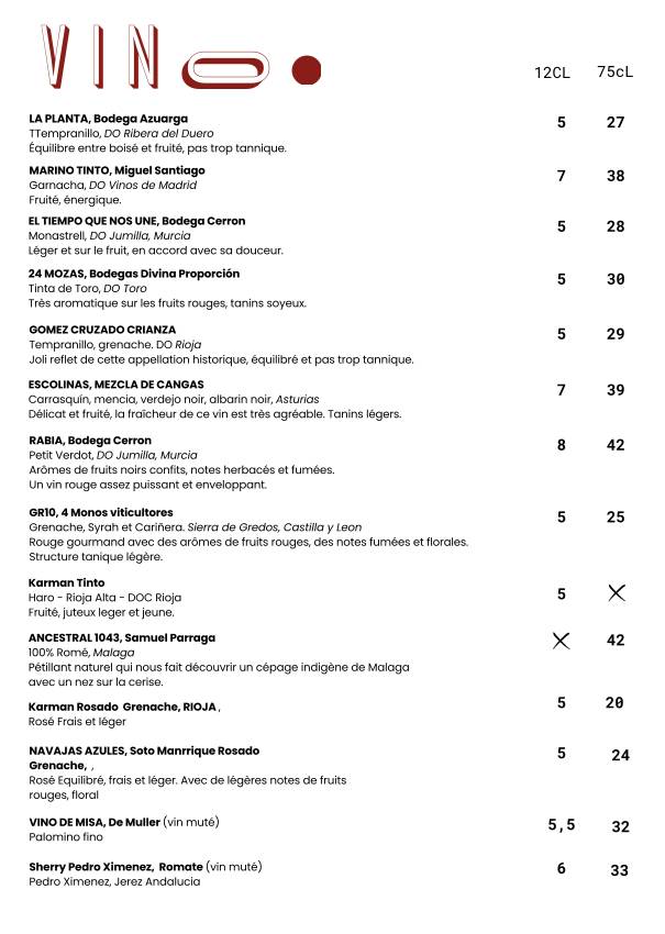 Menu au La Nena - Bar à tapas, Marseille