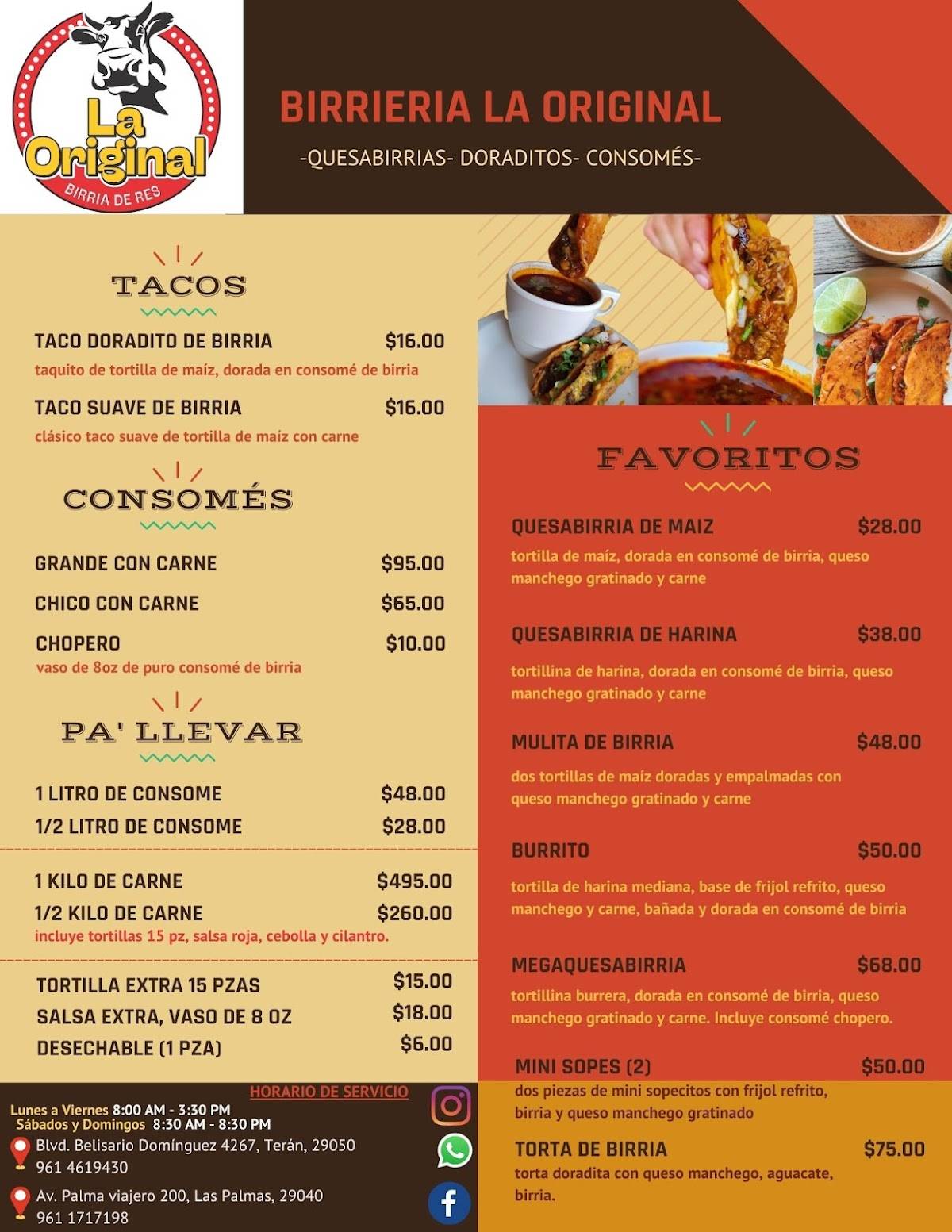 Carta del restaurante La Original Birria del Res Terán, Tuxtla Gutiérrez
