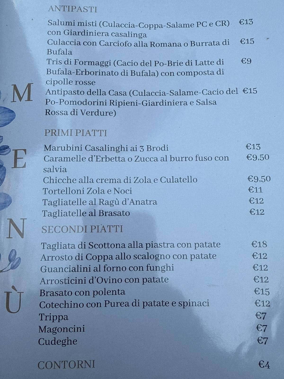 Menu da La Pagaia ristorante, Cremona