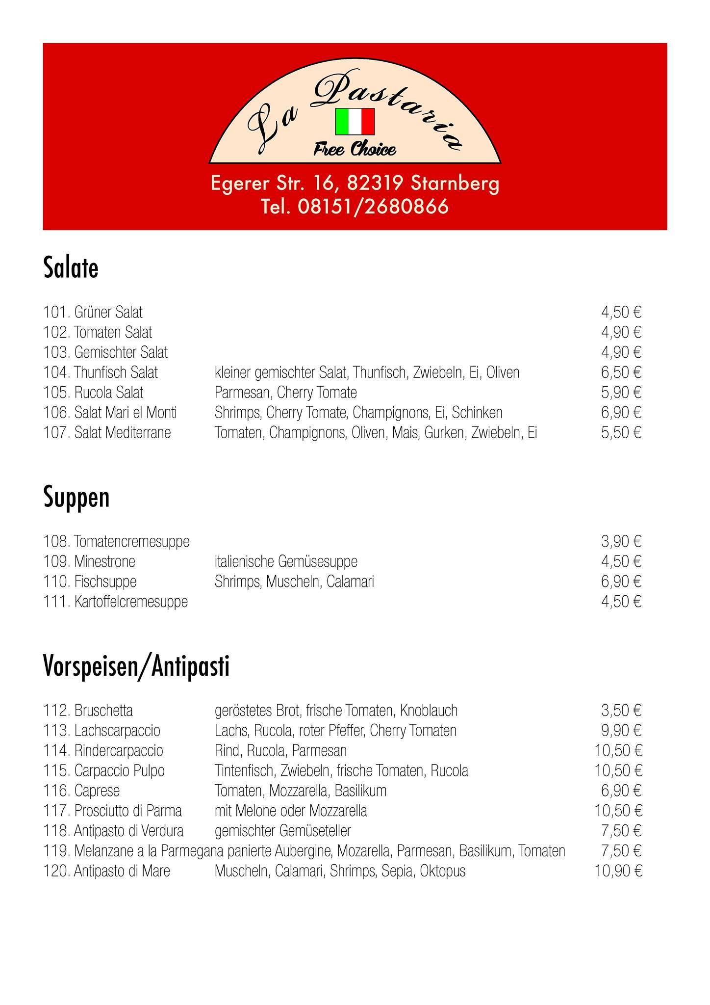 Speisekarte von La Pastaria pizza, Starnberg