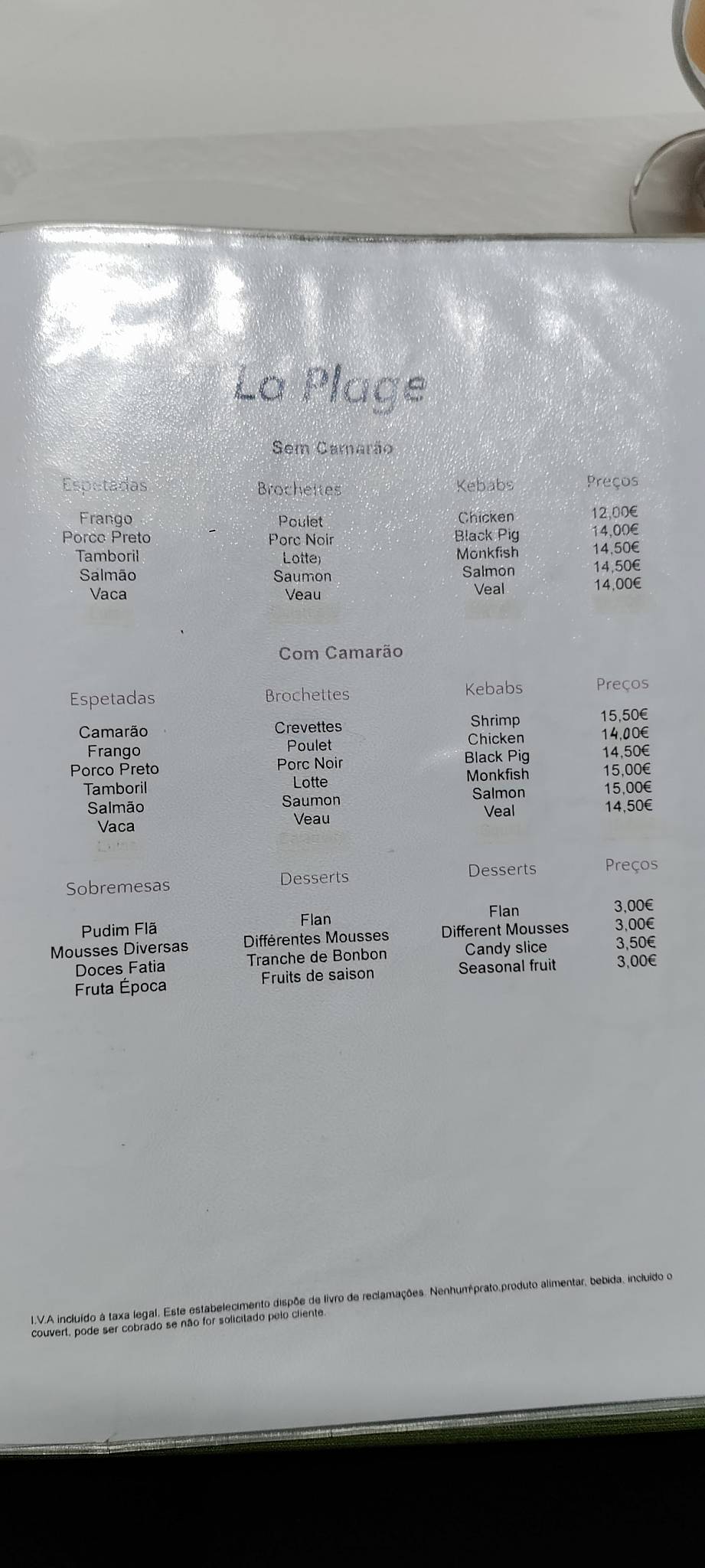 Menu em La Plage restaurante, Fuseta