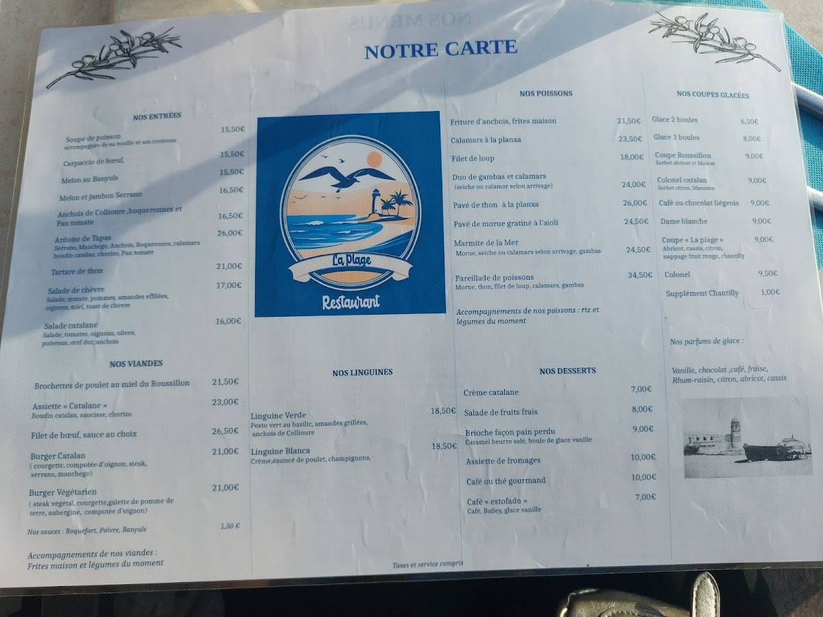 Menu au La Plage restaurant, Collioure