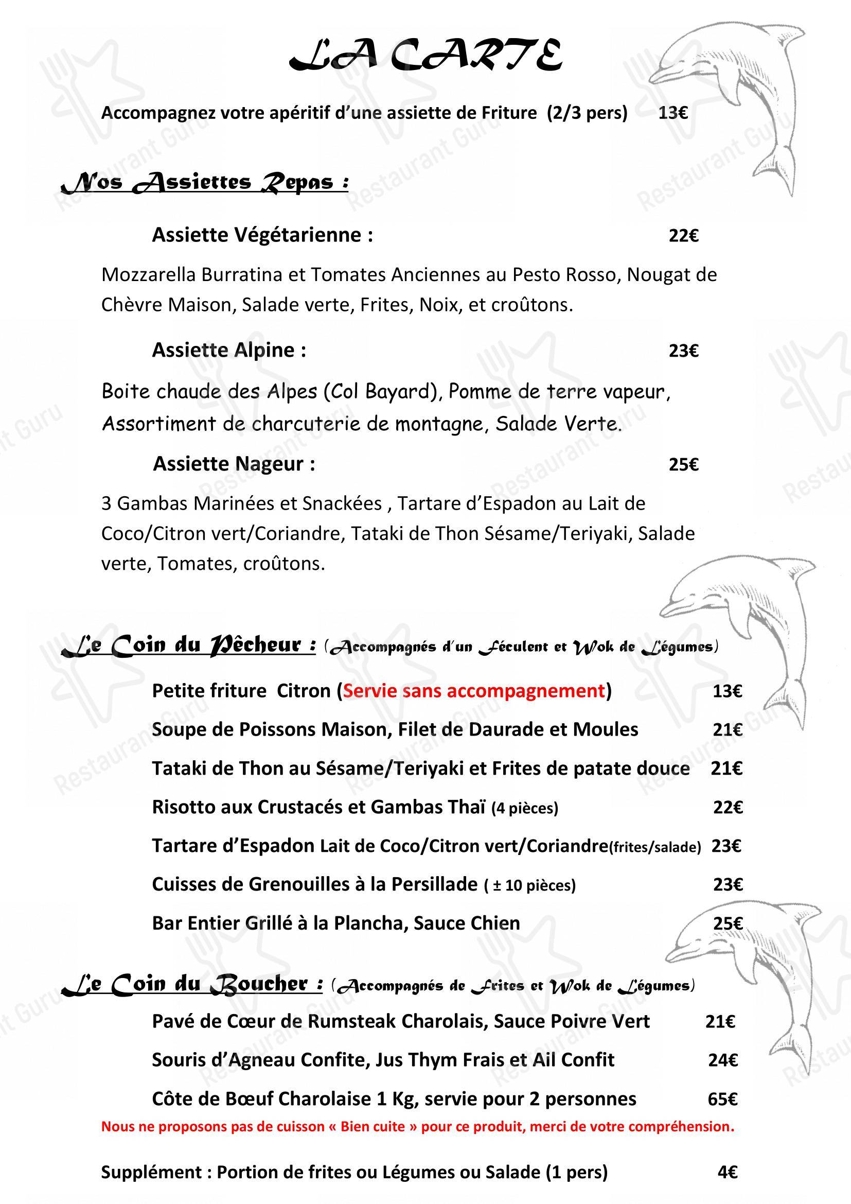 Menu au La Plage des Dauphins restaurant, Charavines