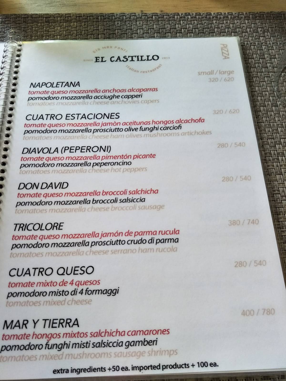 Carta de Restaurante Pizzeria El Castillo, La Romana