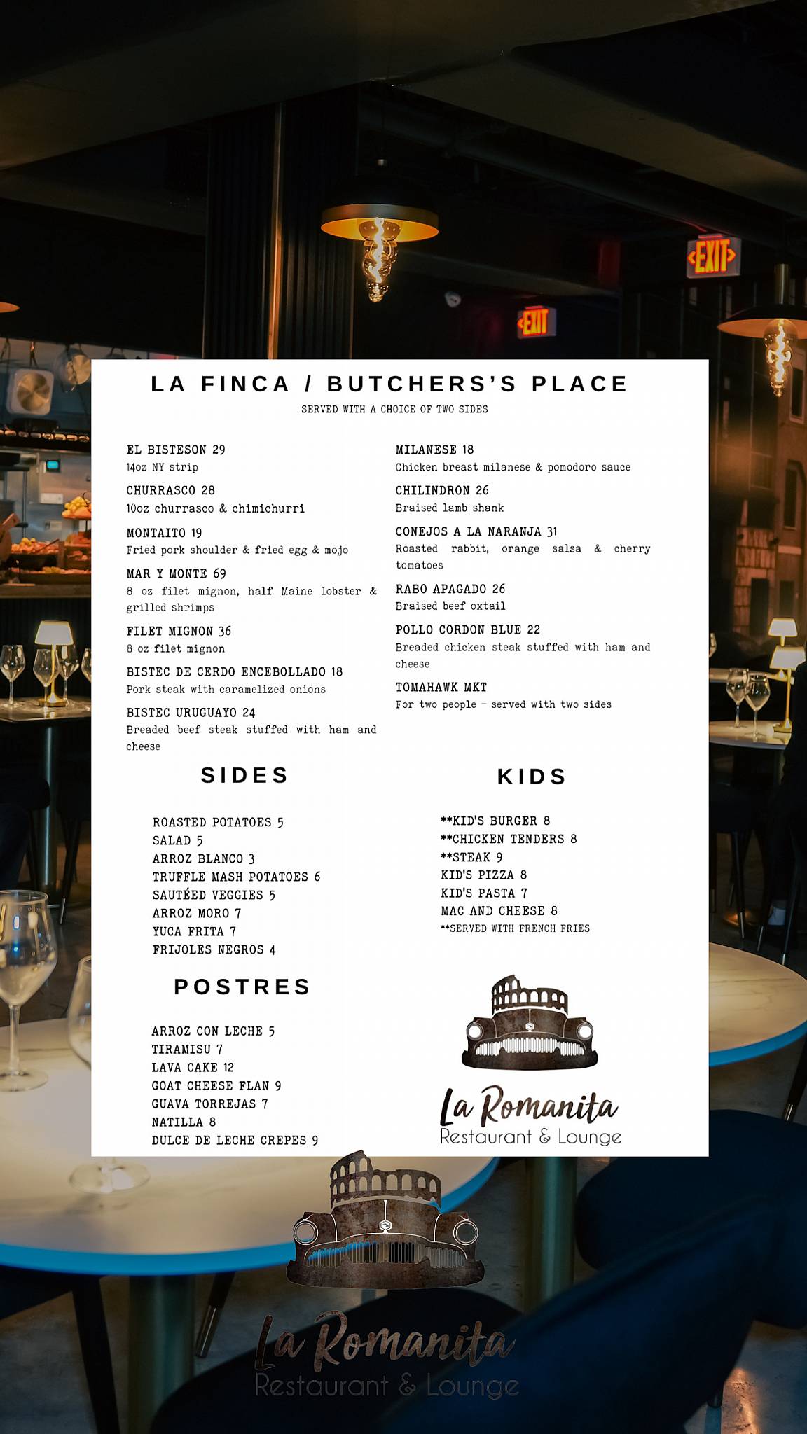 Menu at La Romanita Restaurant and Privato Lounge, Hialeah