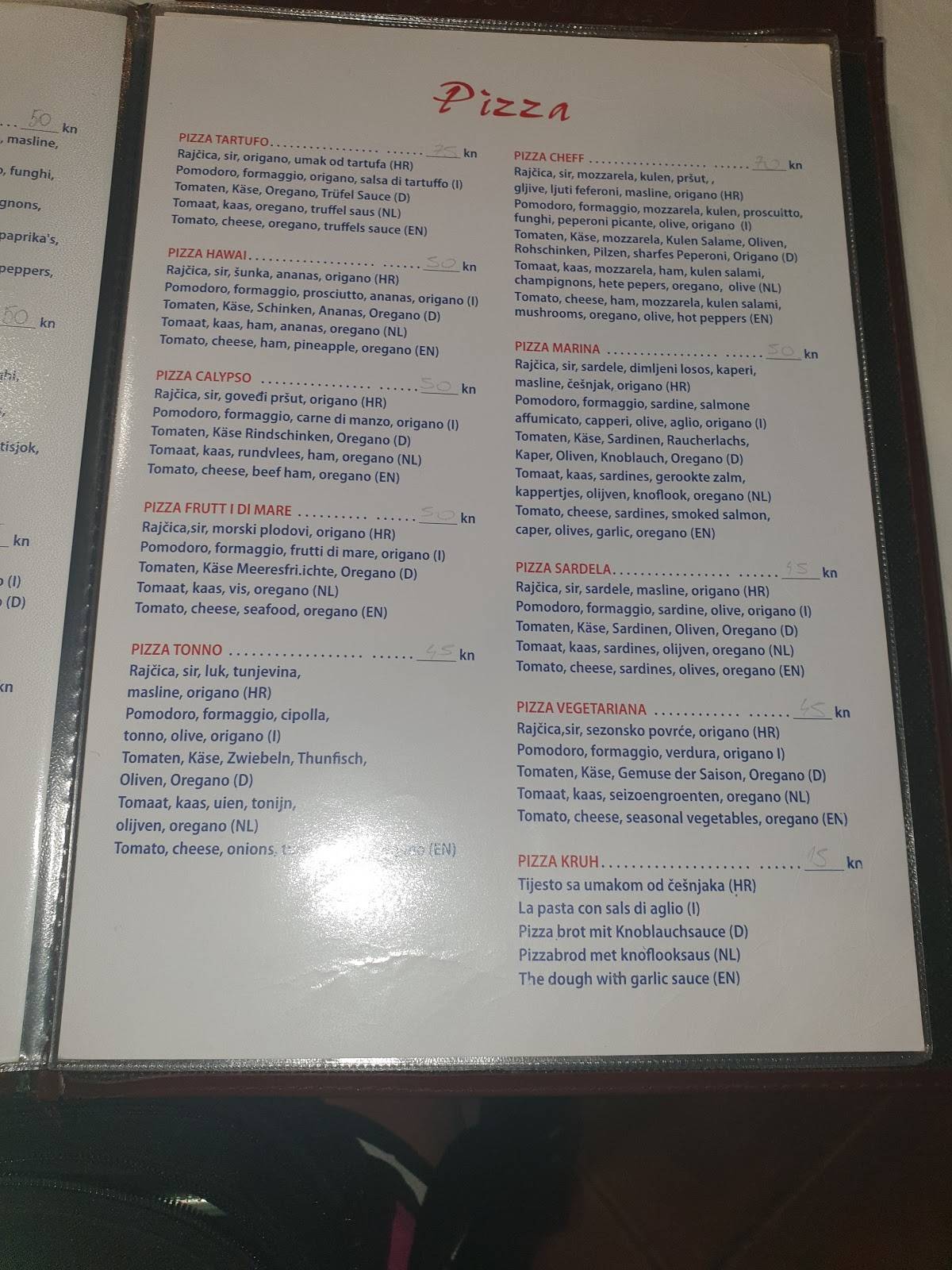 Menu da La Rosa ristorante, Vrsar