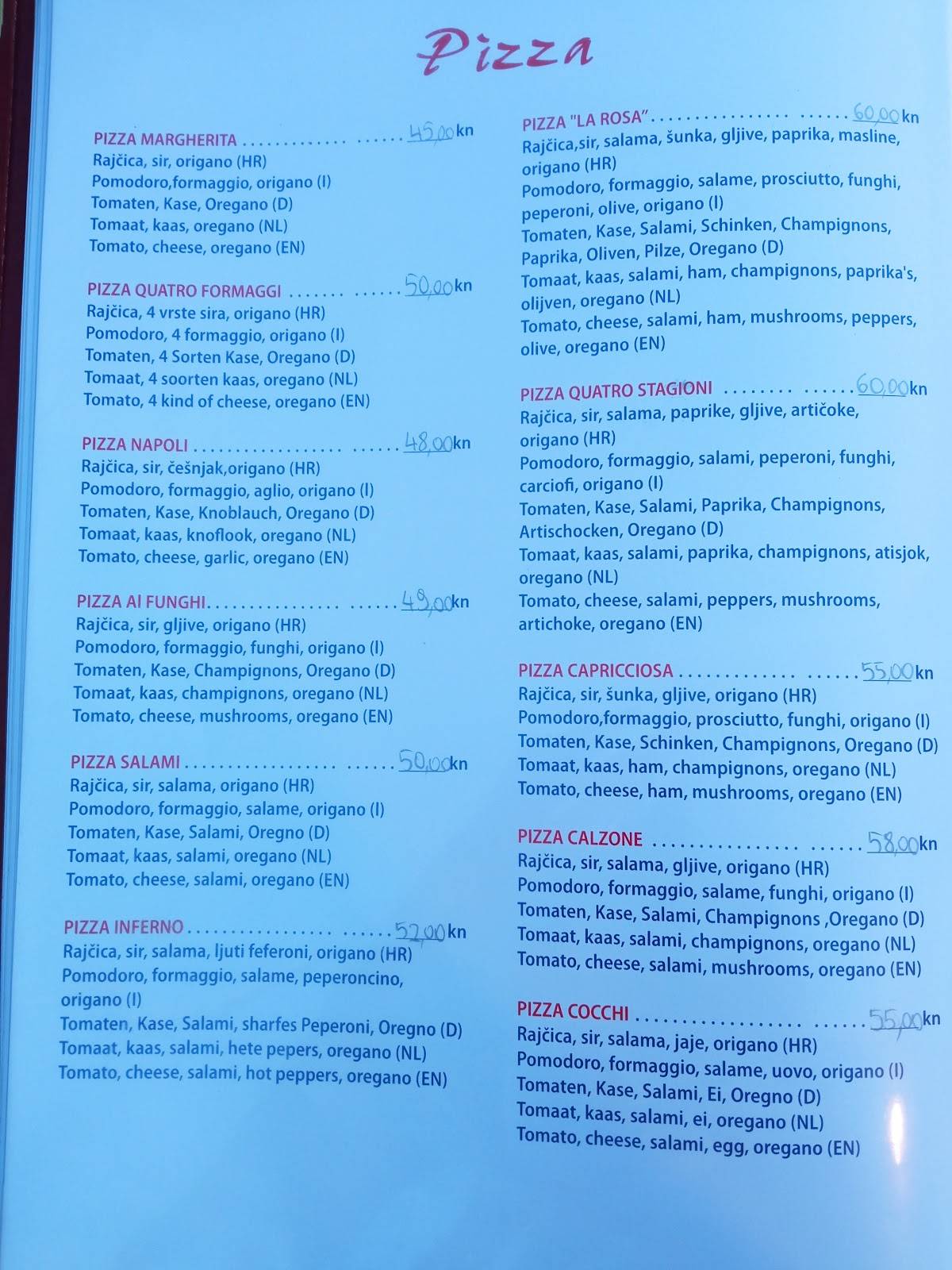 Menu da La Rosa ristorante, Vrsar