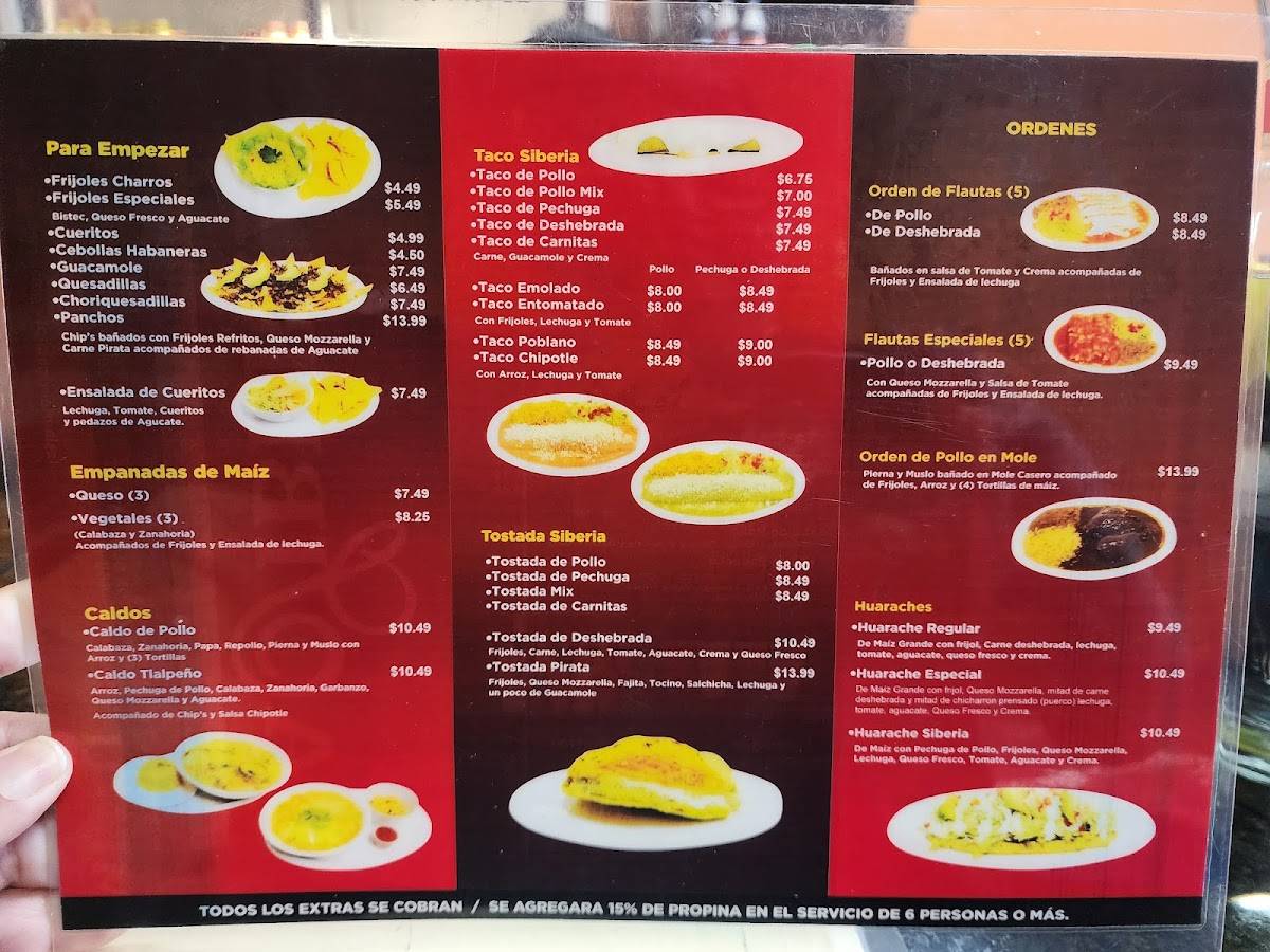 Menu at La Siberia Original restaurant, Brownsville, 400 E Alton Gloor ...