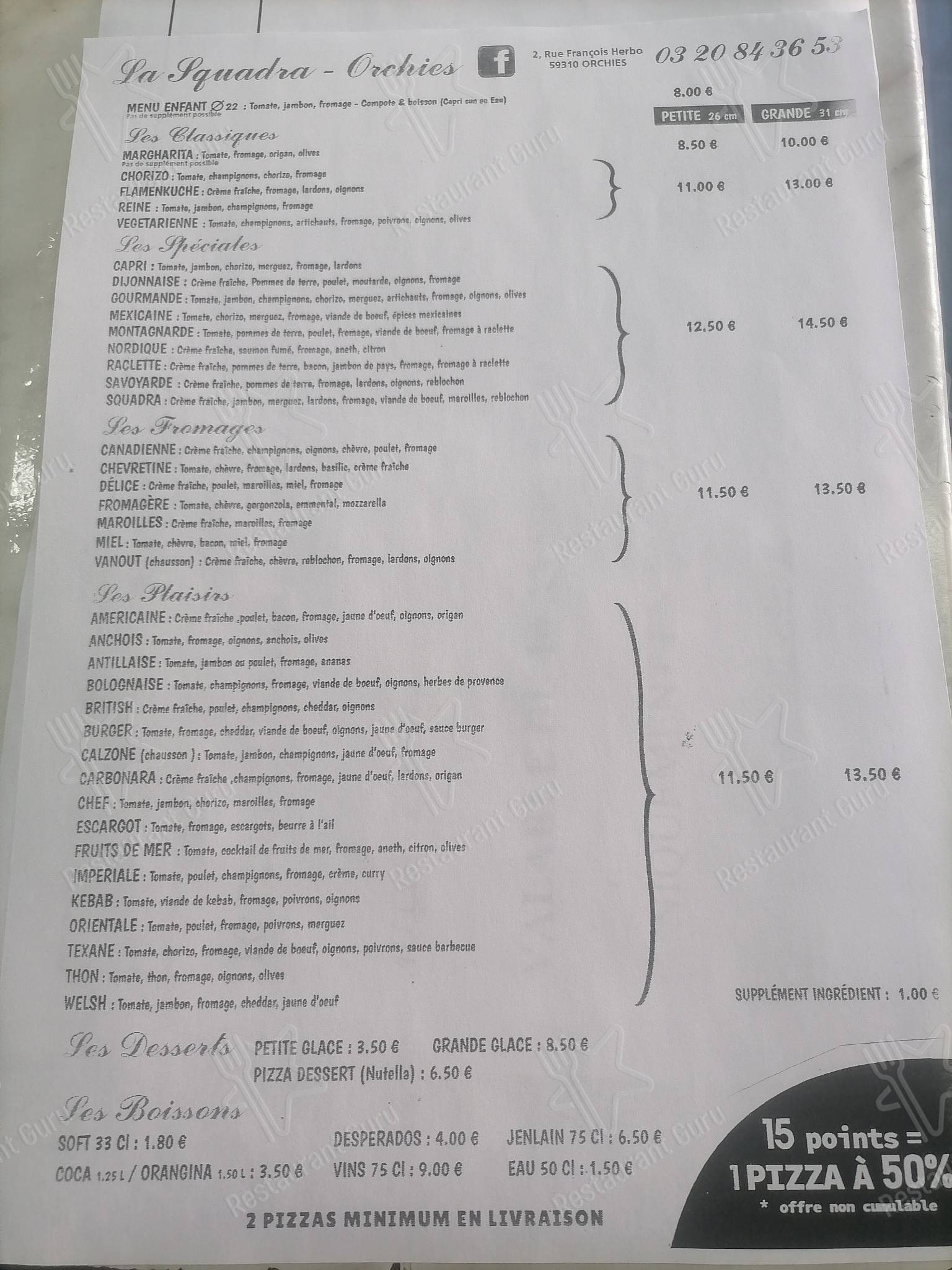 Menu au La Squadra Orchies pizzeria, Orchies