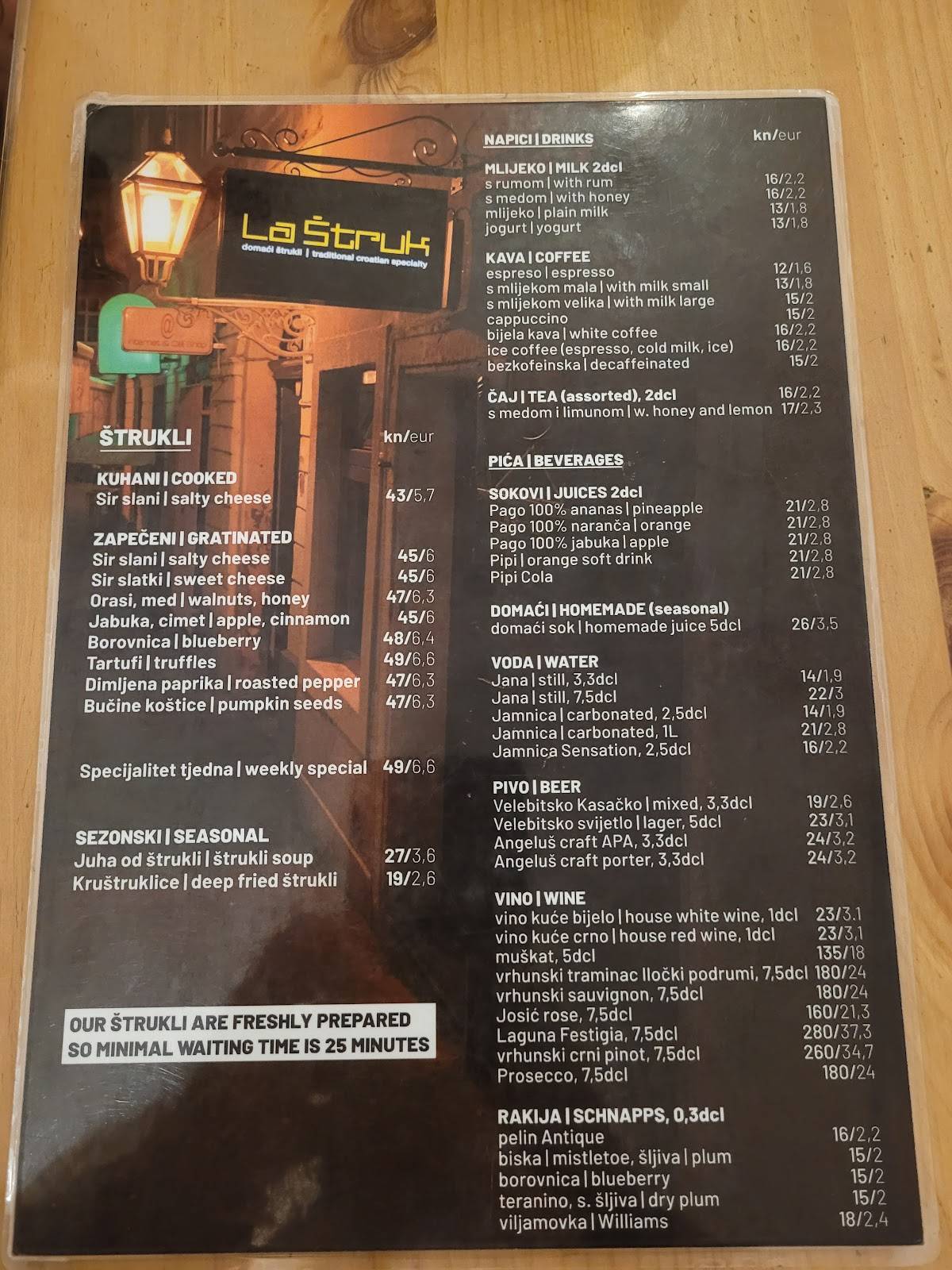 Menu at La Štruk restaurant, Zagreb