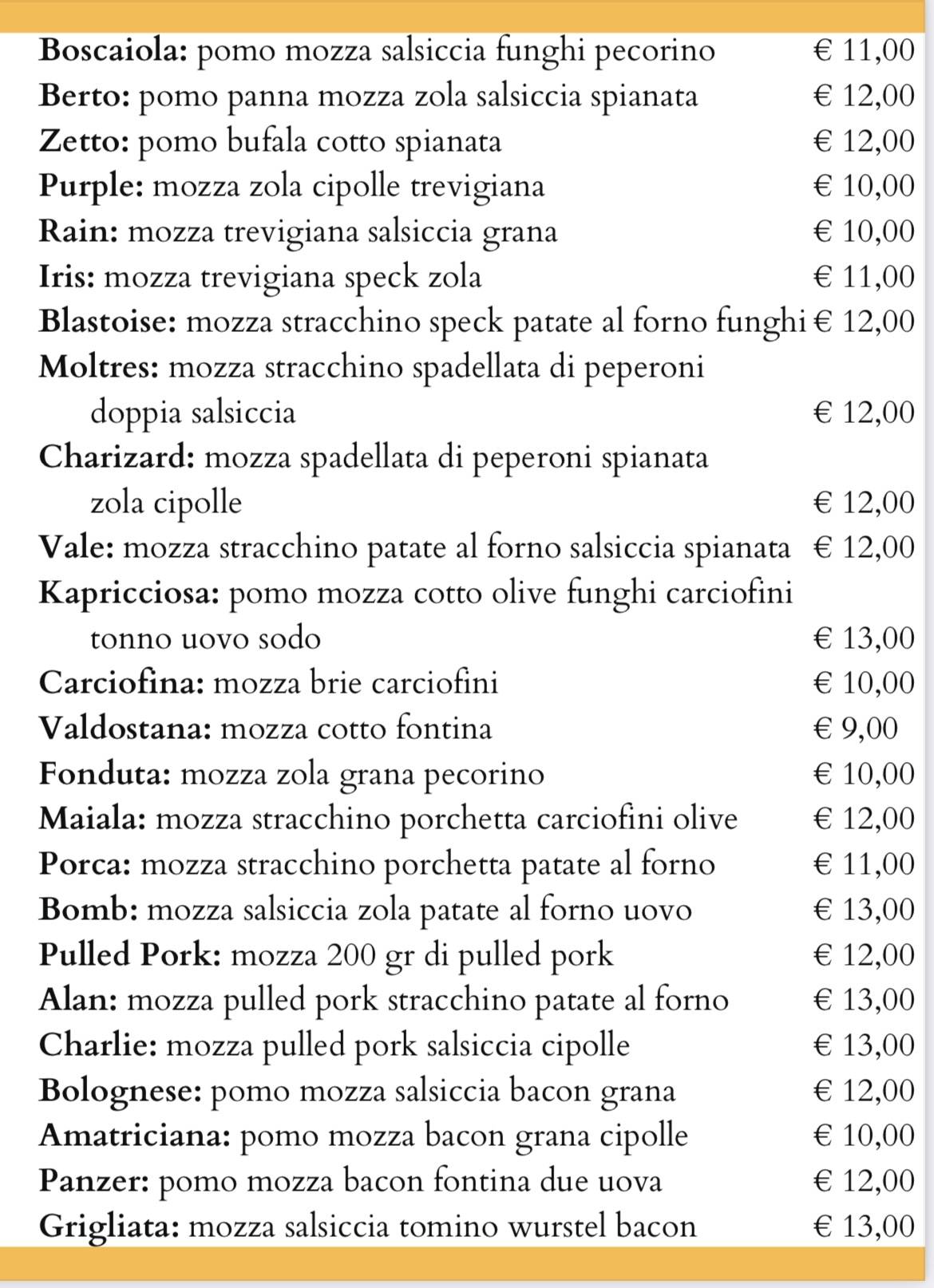Menu da La Superba pizzeria, Varazze