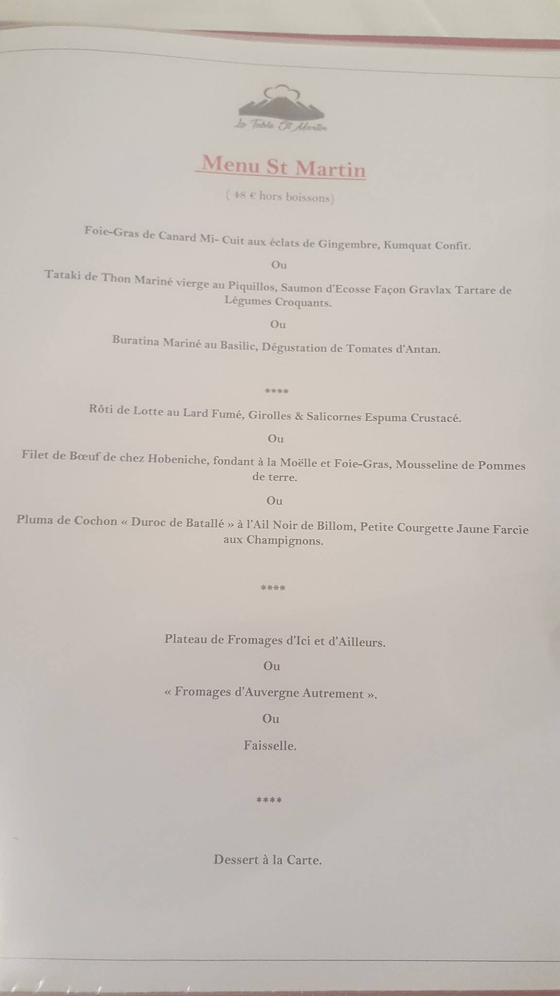 Menu au La Table St Martin restaurant, Sauxillanges