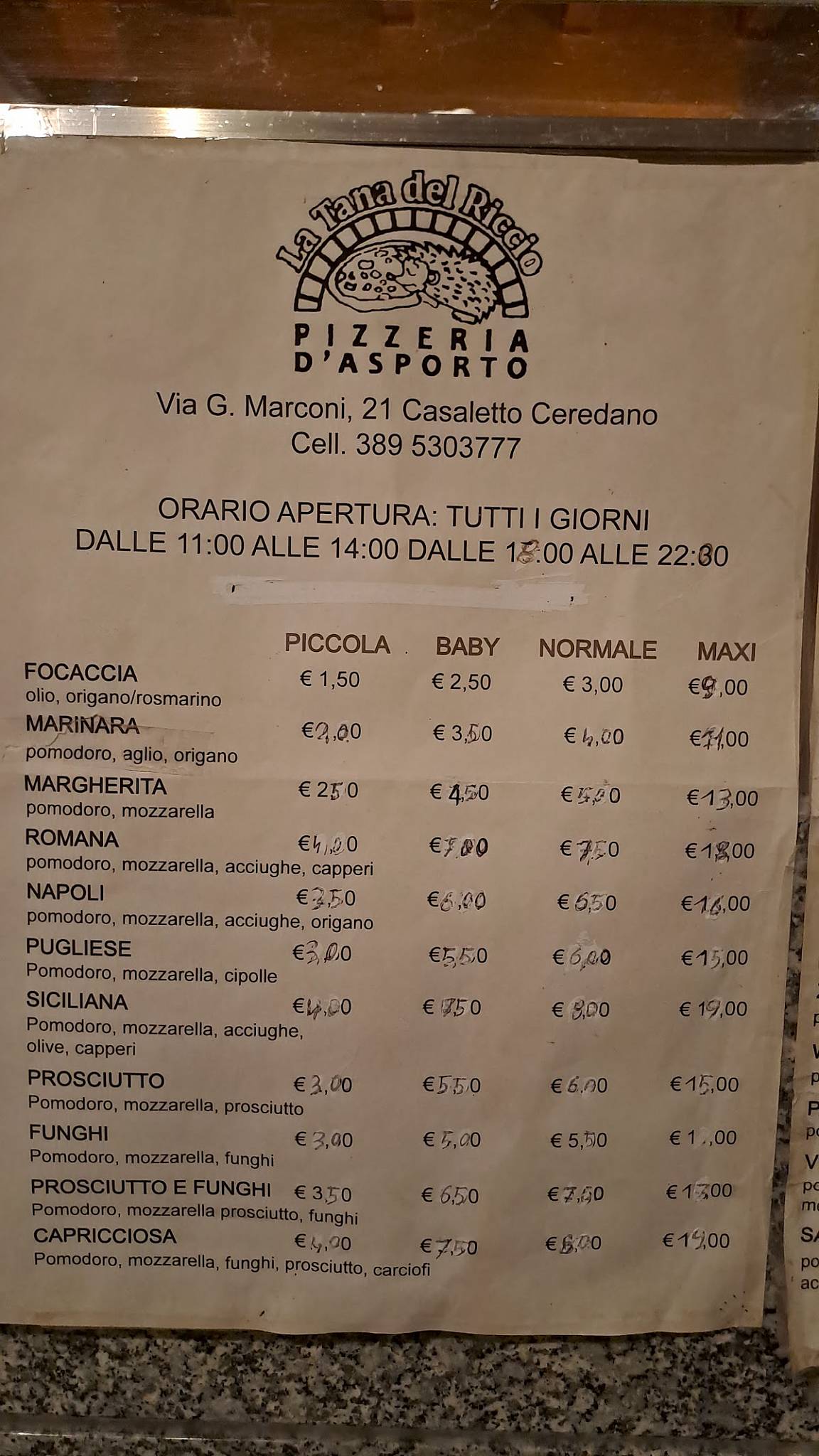 Menu da La Tana del Riccio pizzeria, Casaletto Ceredano