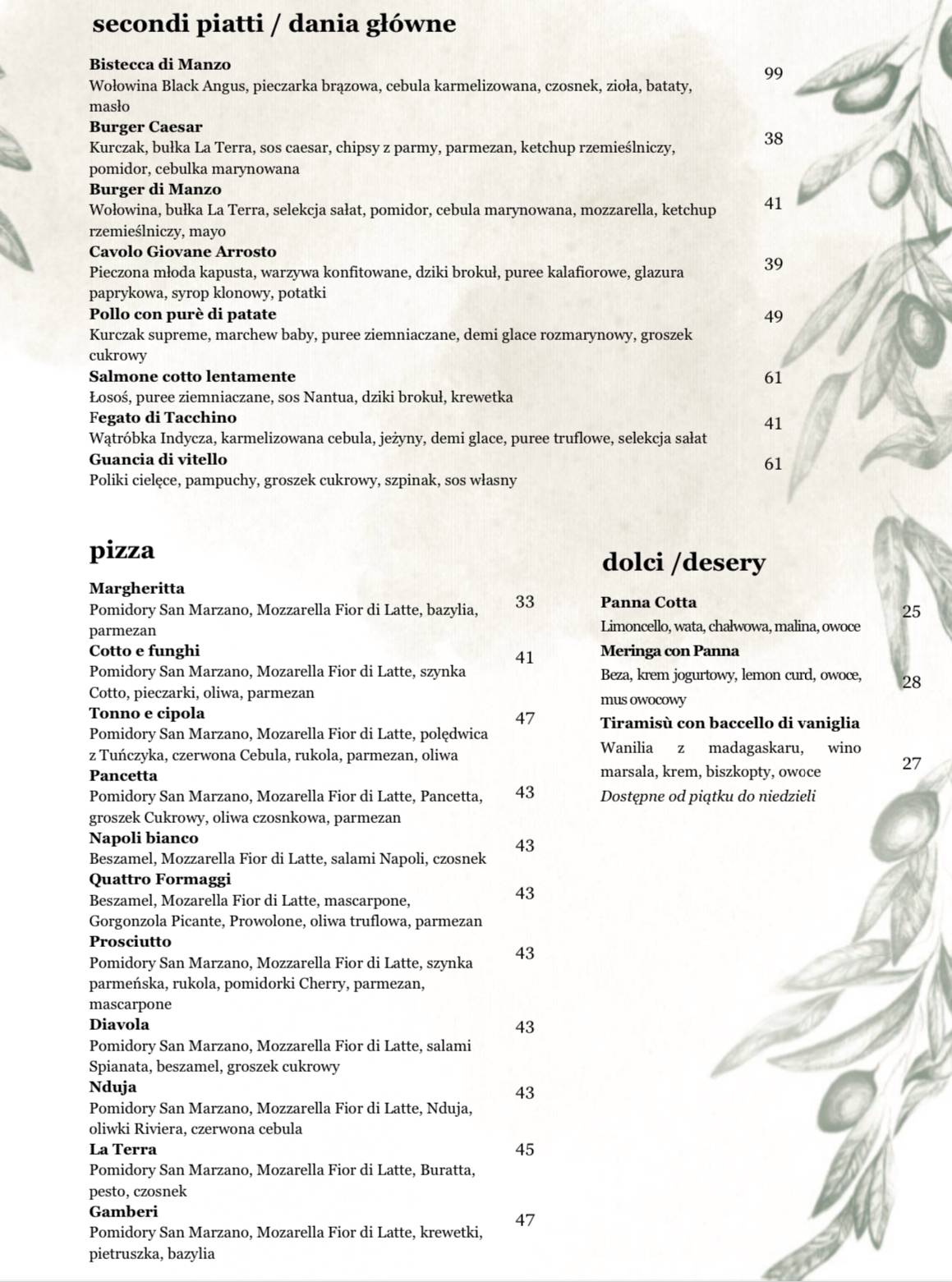 Menu at La Terra Aperitivo restaurant, Zory