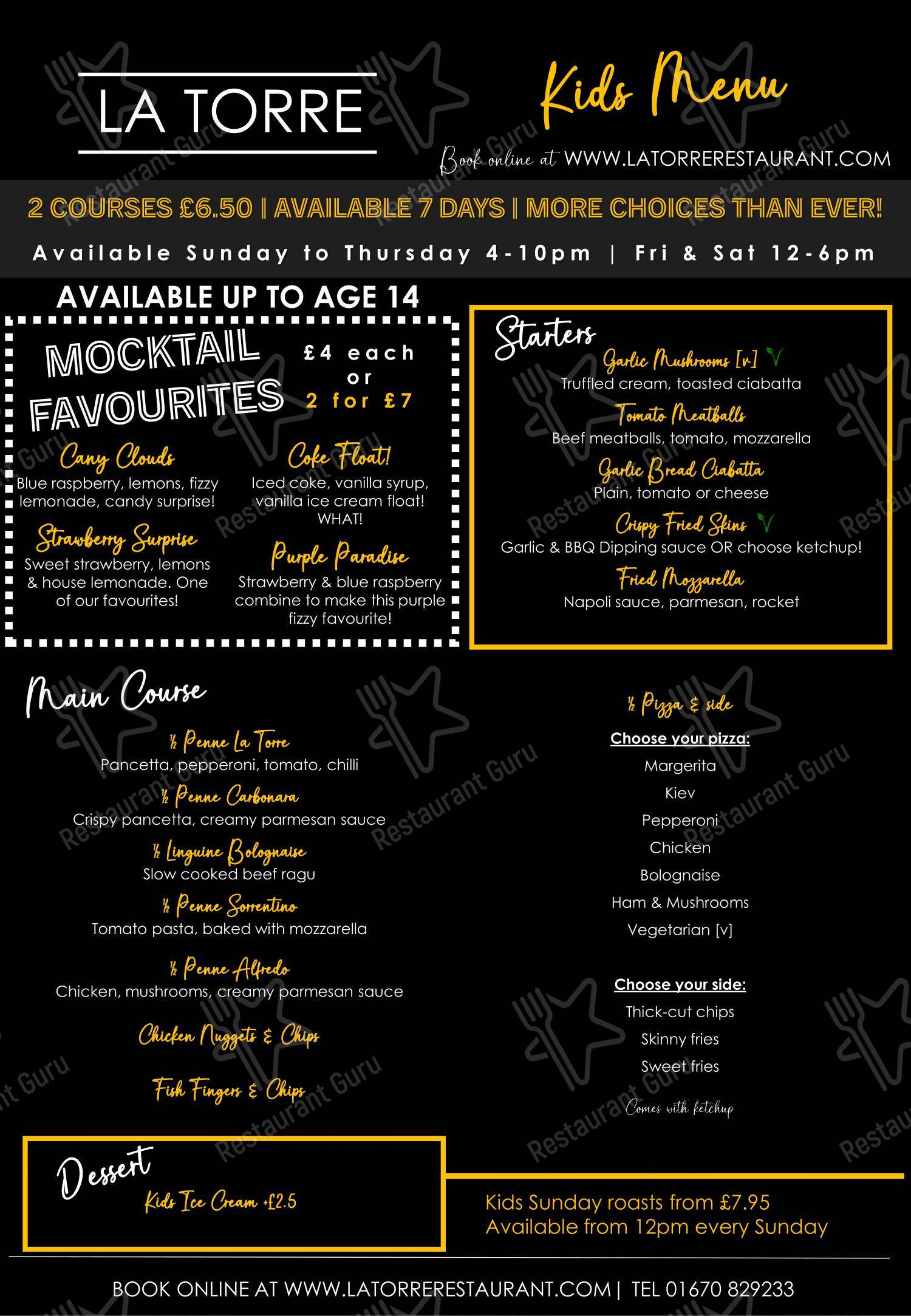 Menu at La Torre Italian Restaurant, Bedlington, E End Front St