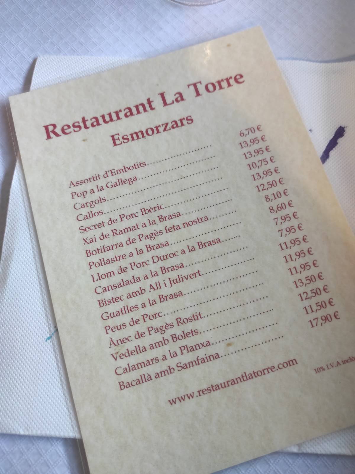 Menu at La Torre de l'Empordà restaurant, Cabanelles