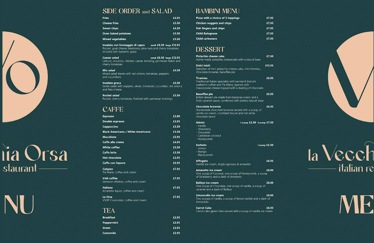 Menu at La Vecchia Orsa restaurant, Chippenham