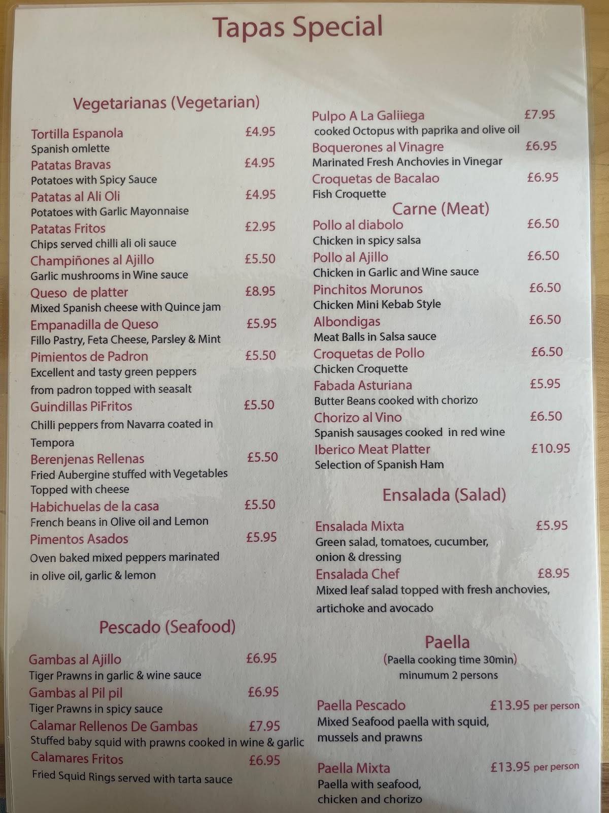Menu at La Viña Tapas Bar Restaurant, London, 3 Wightman Rd