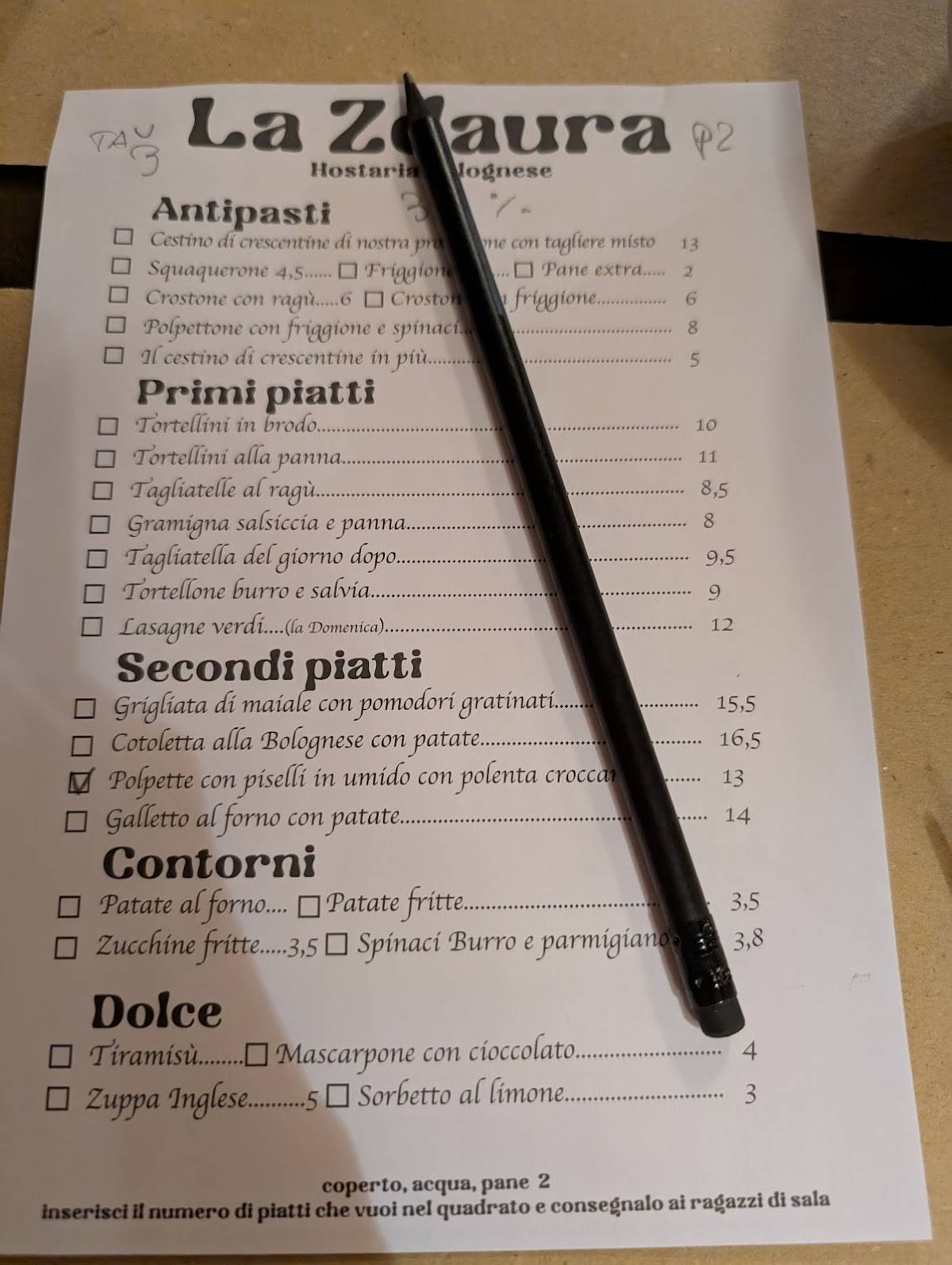 Carta del restaurante La Zdaura, Bolonia