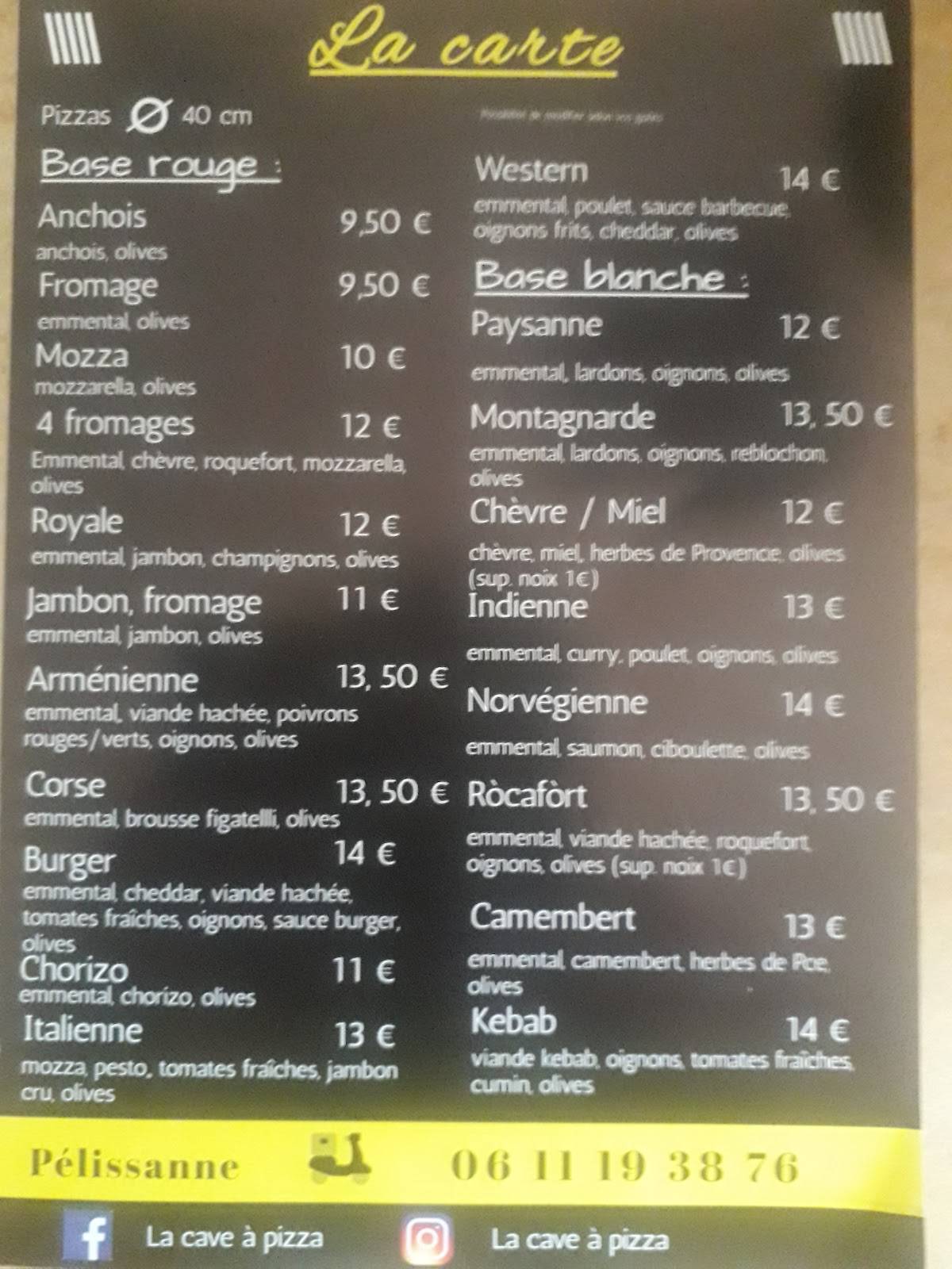 Menu au La cave à pizza pizzeria, Pélissanne