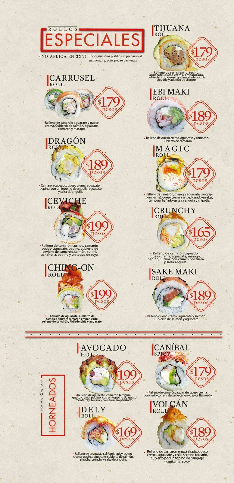 Carta del restaurante La postal sushi & teriyaki, Rosarito