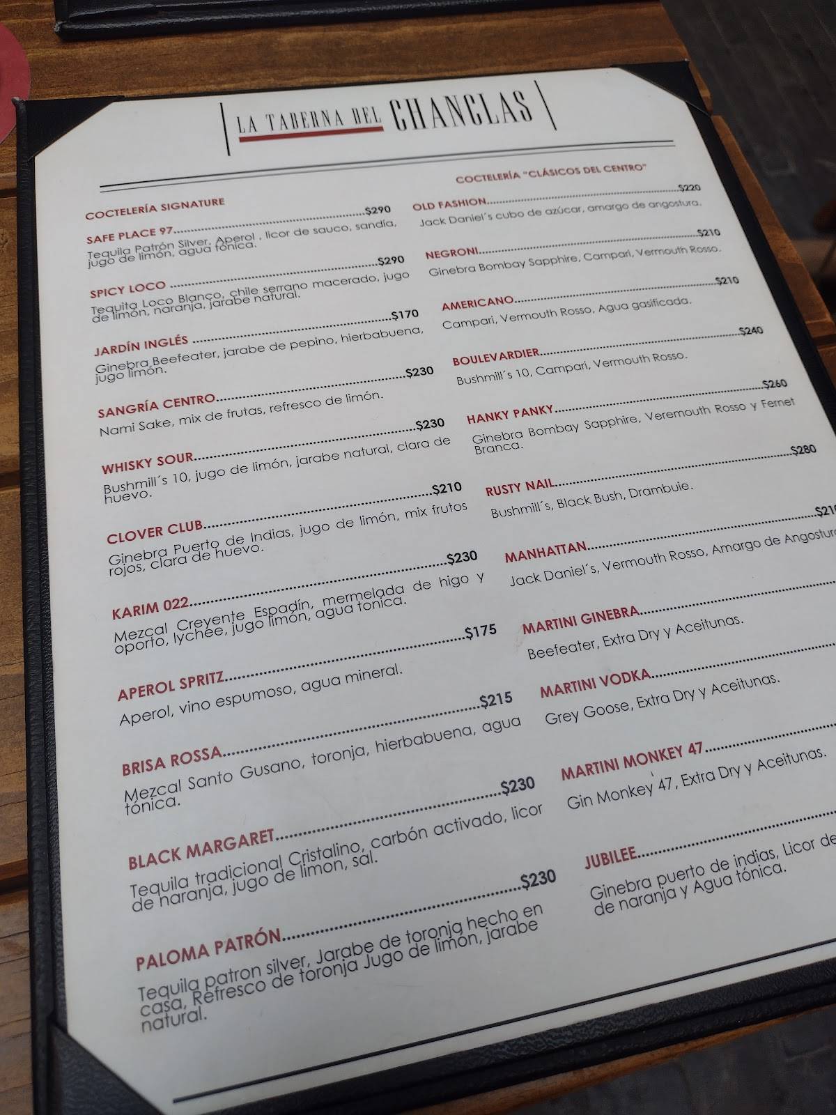 Carta del restaurante La taberna del Chanclas, Ciudad del México, Isabel La Católica 30-Interior R2