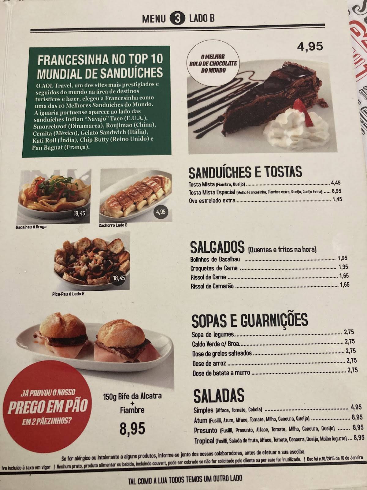 Menu em Lado B Café, Porto, Rua Passos Manuel