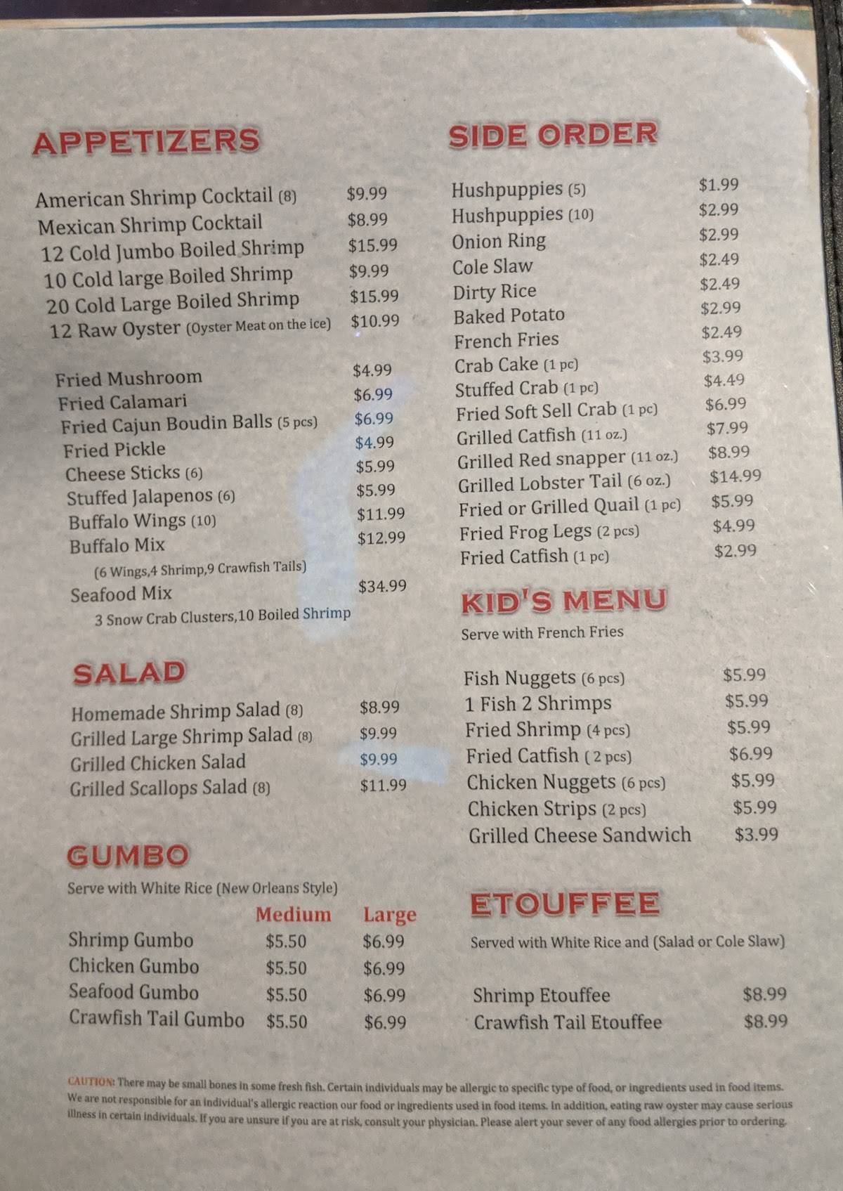 Menu at Lake Jackson Seafood restaurant, Gun Barrel City